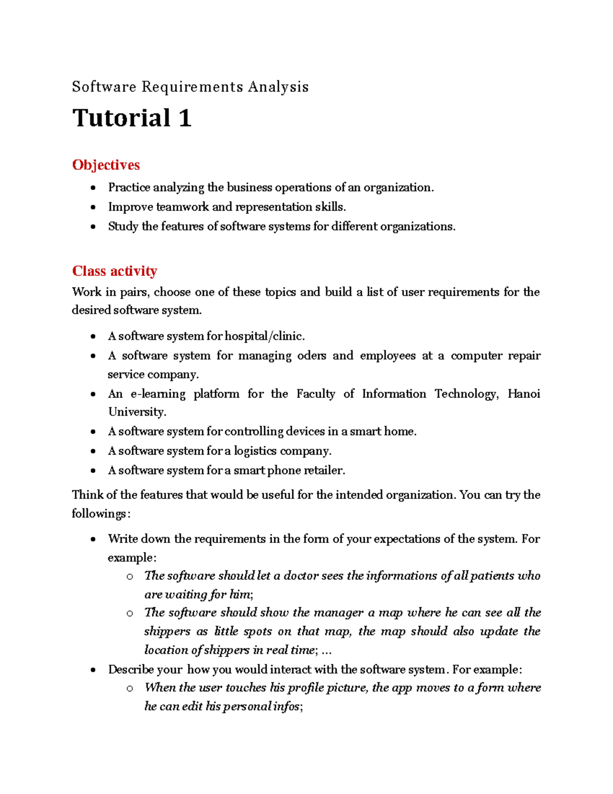 Tutorial 1 pratice in tut - Software Requirements Analysis Tutorial 1 ...