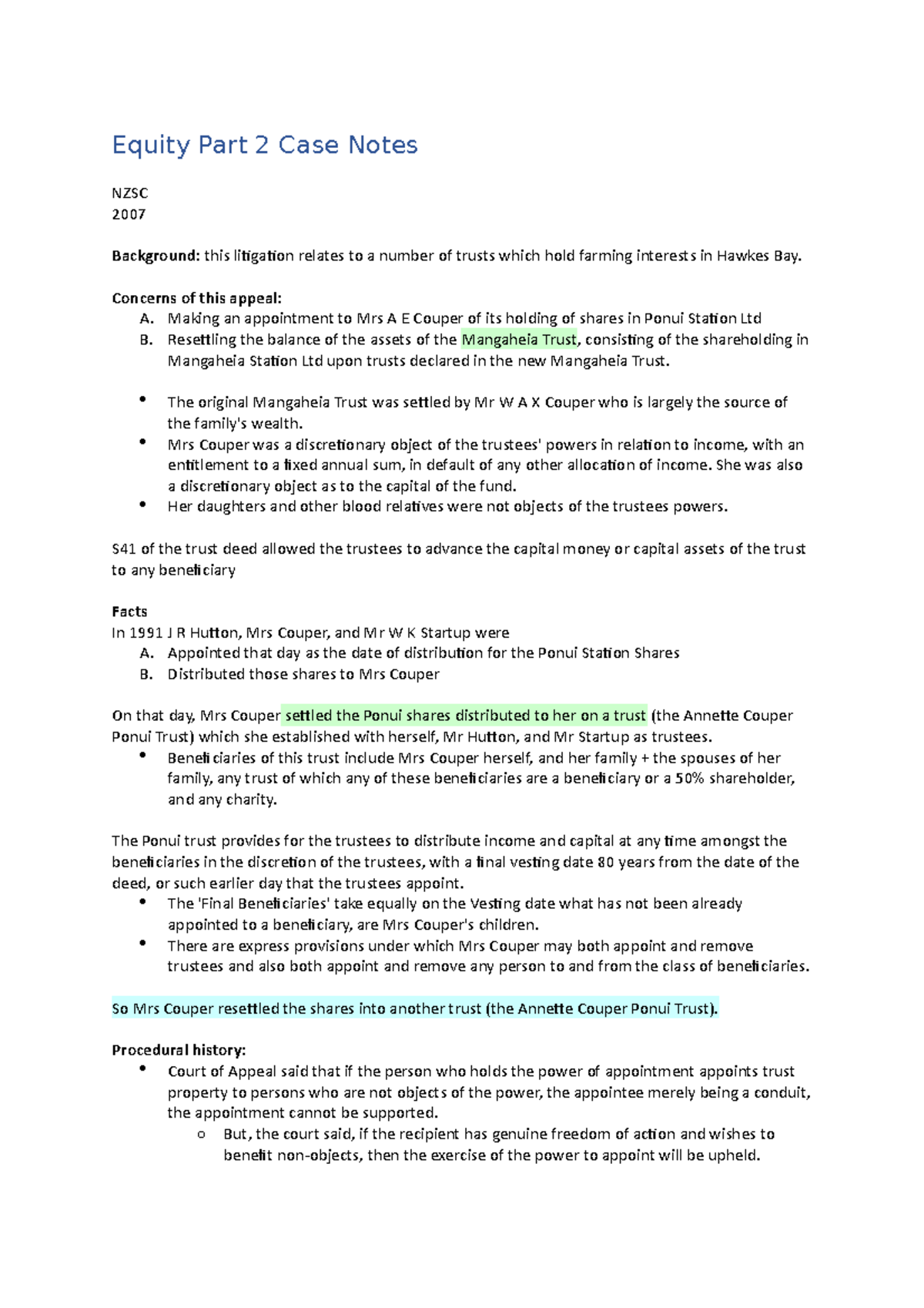 Equity Part 2 Case Notes - Equity Part 2 Case Notes NZSC 2007 ...