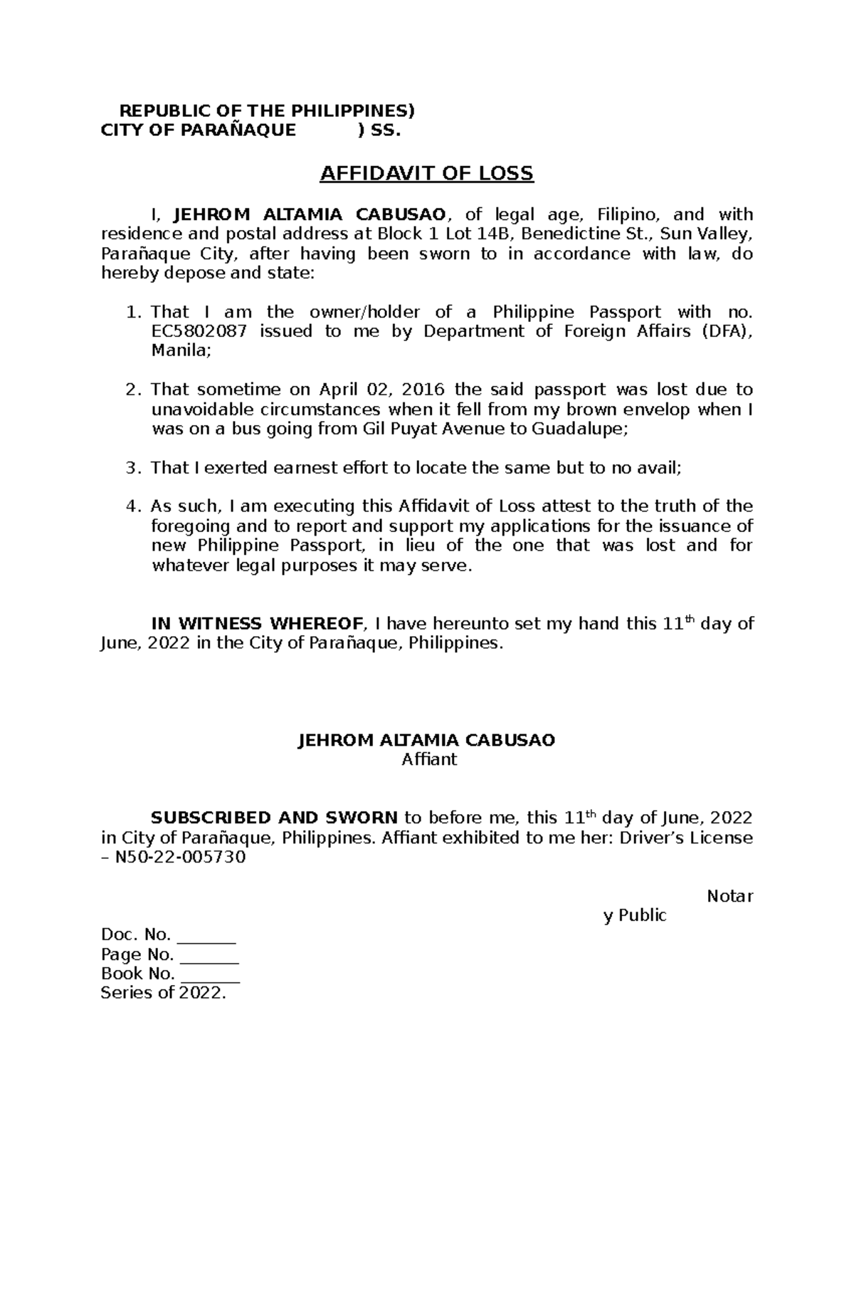 Loss 2 - ads - REPUBLIC OF THE PHILIPPINES) CITY OF PARAÑAQUE ) SS ...