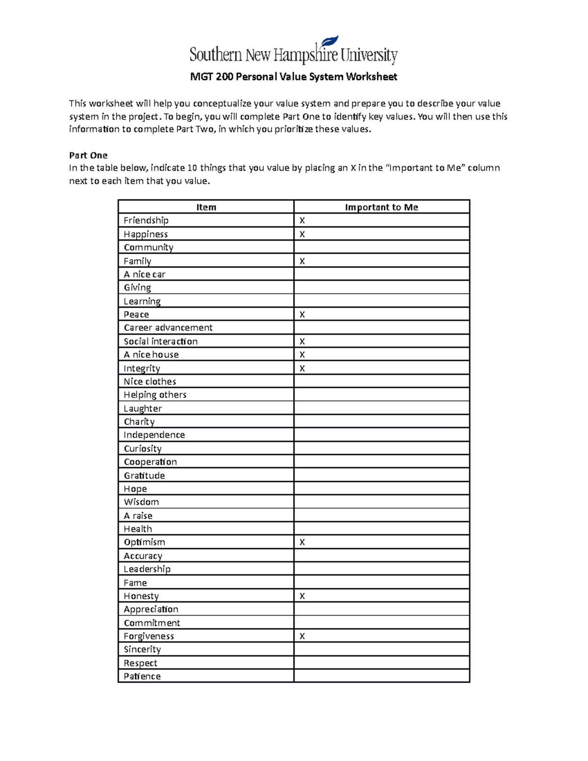 MGT 200 Personal Value System Worksheet - MGT 200 Personal Value System ...