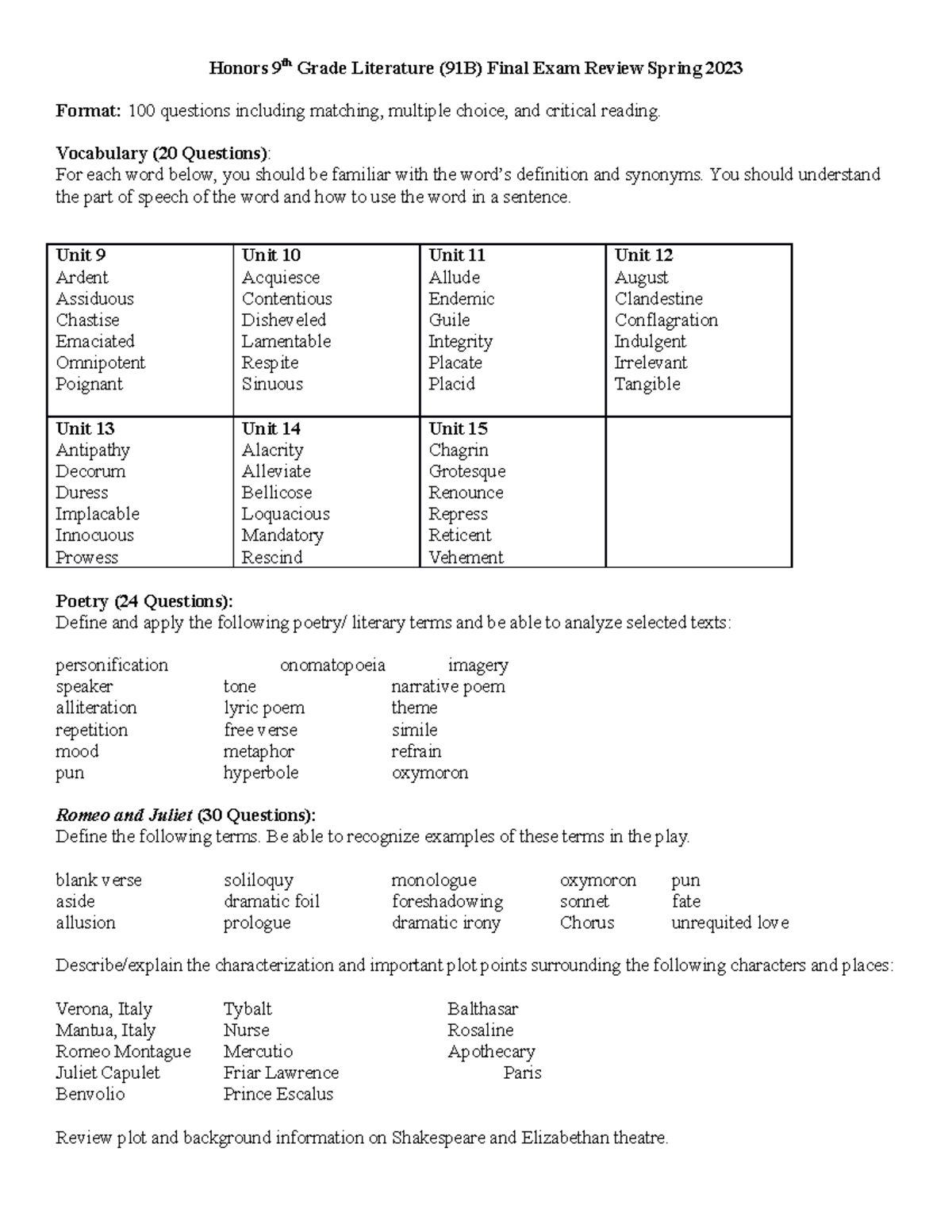 91B Final Exam Review S23 - Honors 9th Grade Literature (91B) Final ...