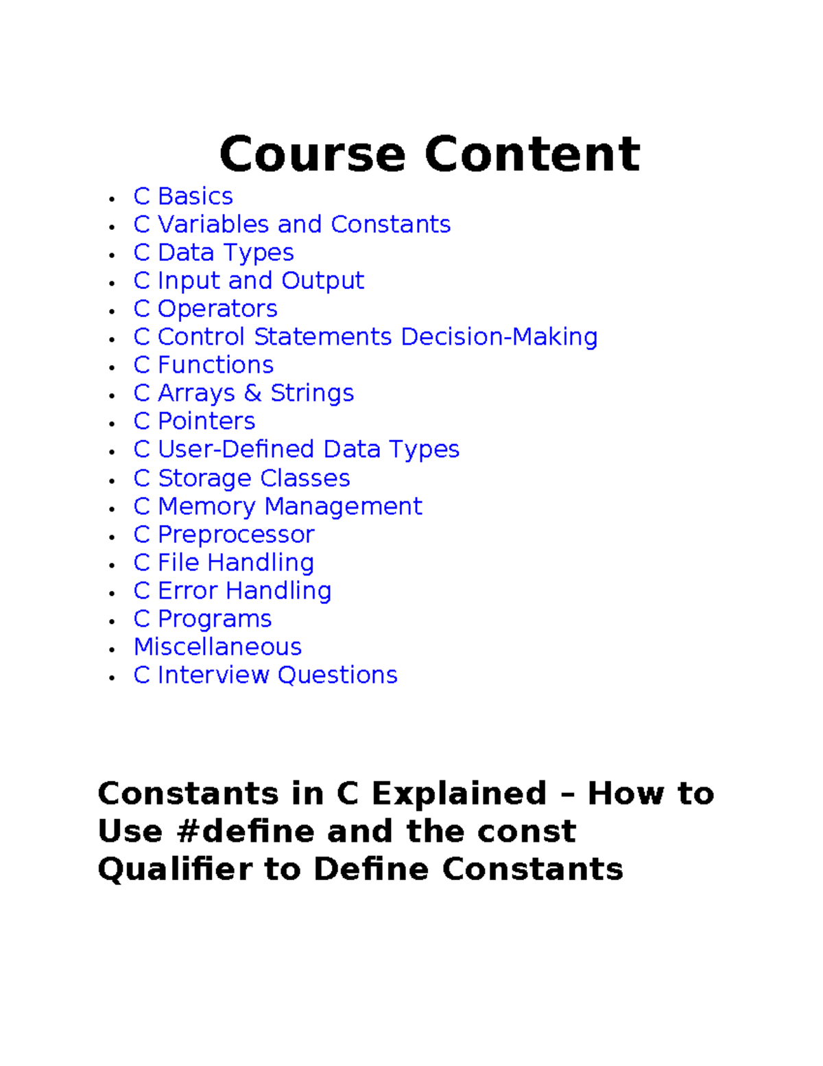 Course Content - sdfghjjjkj - Course Content C Basics C Variables and Constants C Data Types ...