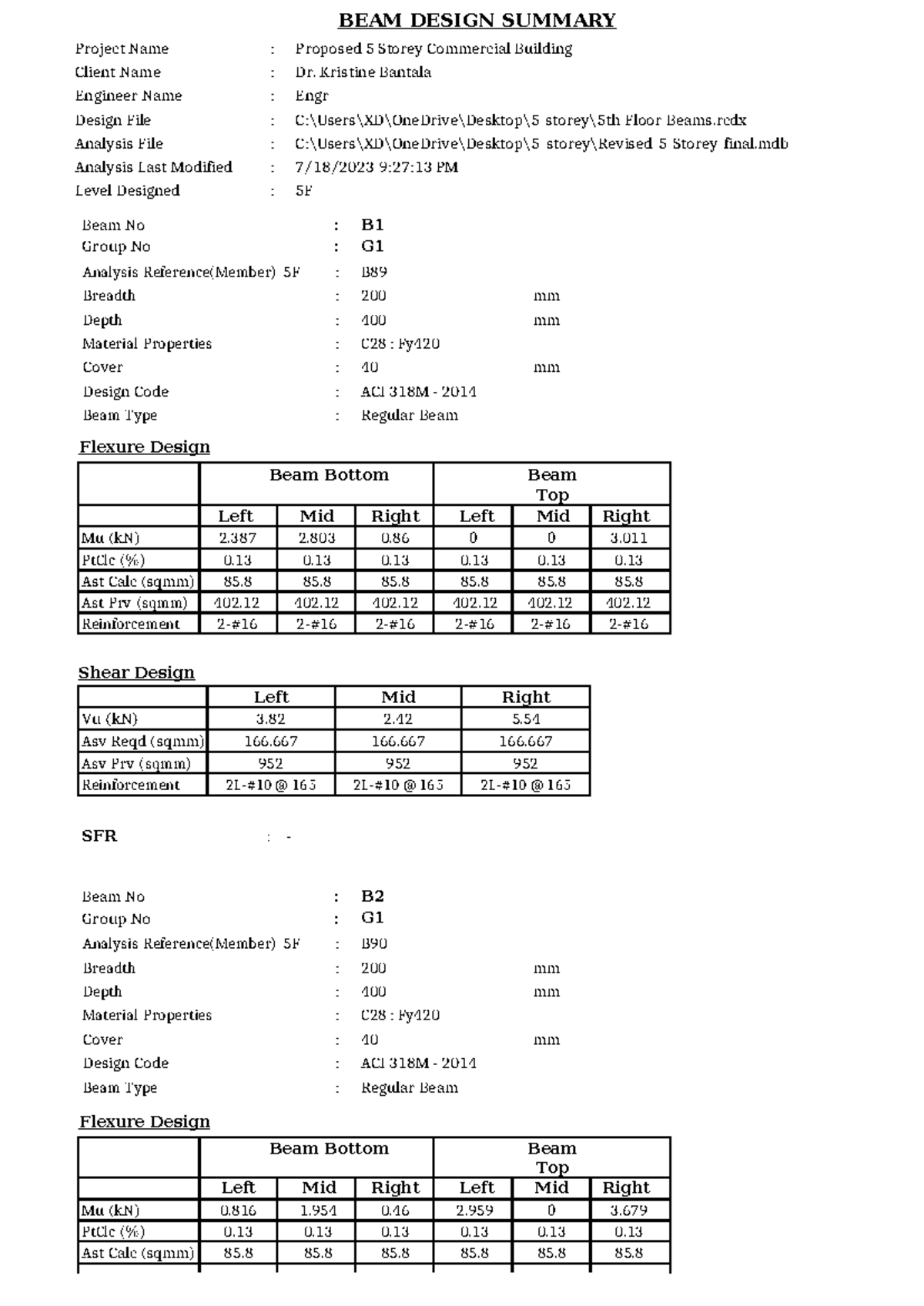 5f Beams - casdasd - BEAM DESIGN SUMMARY Project Name : Proposed 5 ...