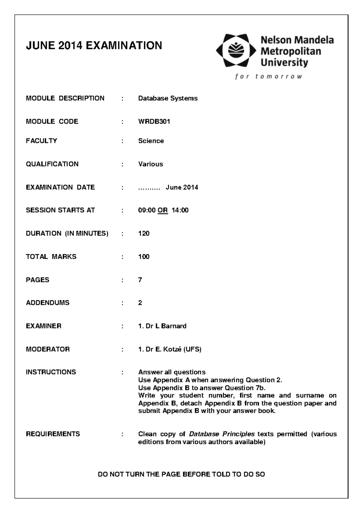 2014 WRDB301 - exam - JUNE 2014 EXAMINATION MODULE DESCRIPTION ...