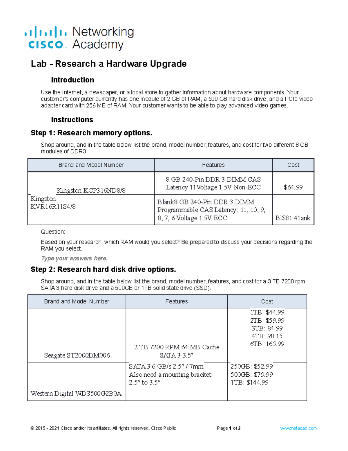 3.4.1.7 Lab - Research a Hardware Upgrade - Lab - Research a Hardware ...