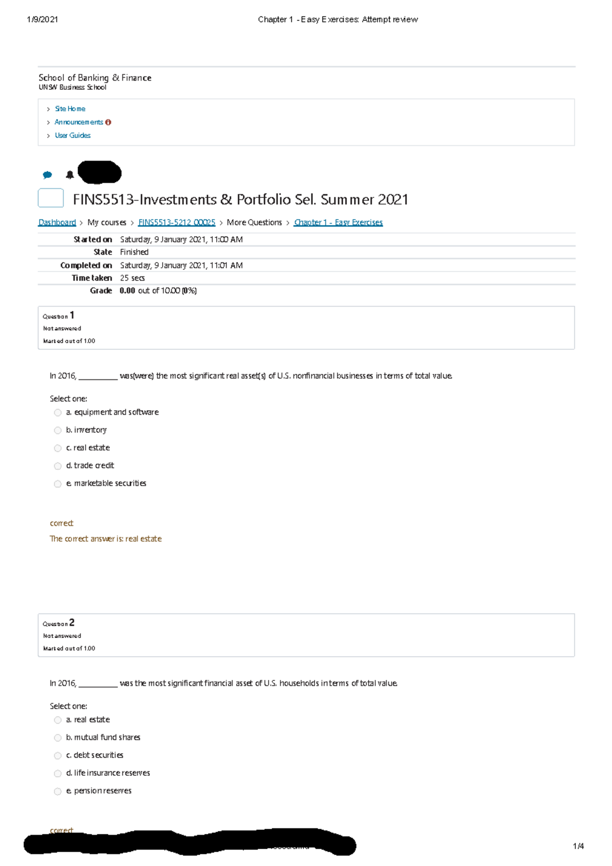 Chapter 1 - Easy Exercises Attempt review - Dashboard My courses FINS5513-5212_00025 More - Studocu