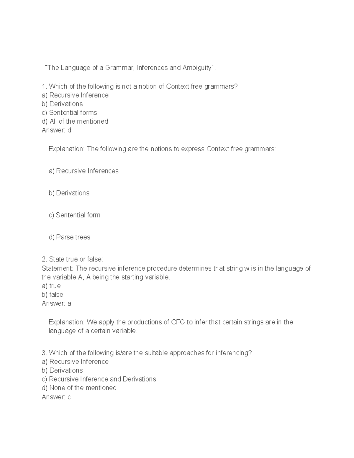 Theory Of Computation 33 The Language Of A Grammar Inferences And Ambiguity” Which Of The