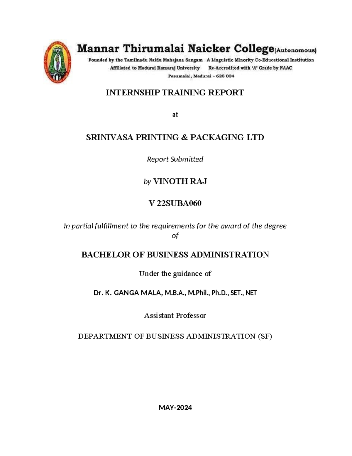 Vinoth Internship Report final - Copy - Copy - Copy - INTERNSHIP ...
