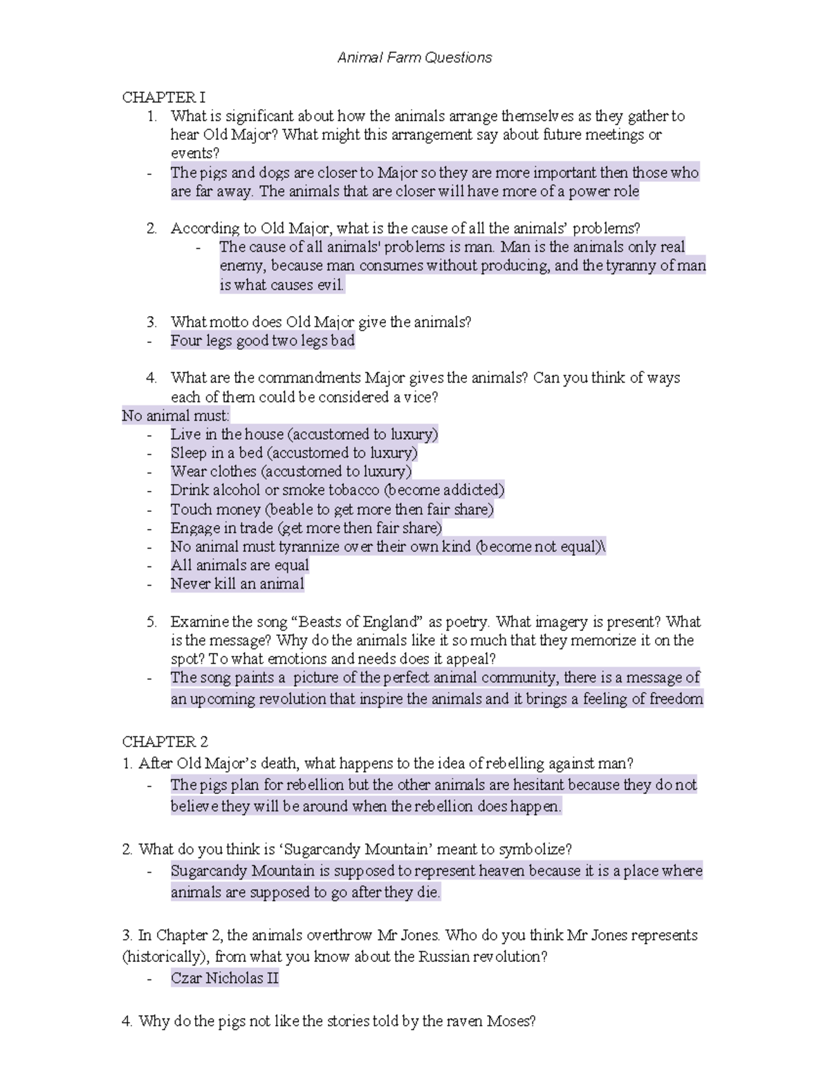 Animal Farm Ch. 1-2 Questions - Animal Farm Questions CHAPTER I 1. What ...