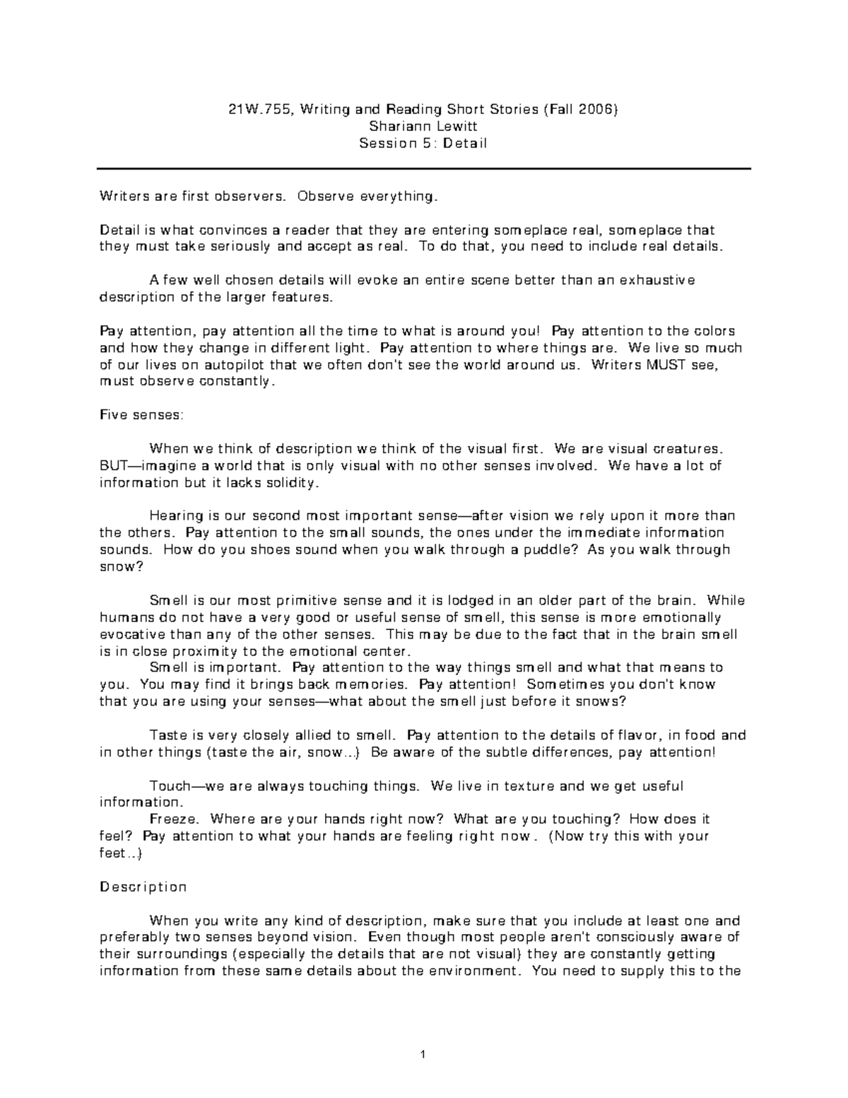 Lecture notes, Week 5 - Detail - 21W, Writing and Reading Short Stories ...