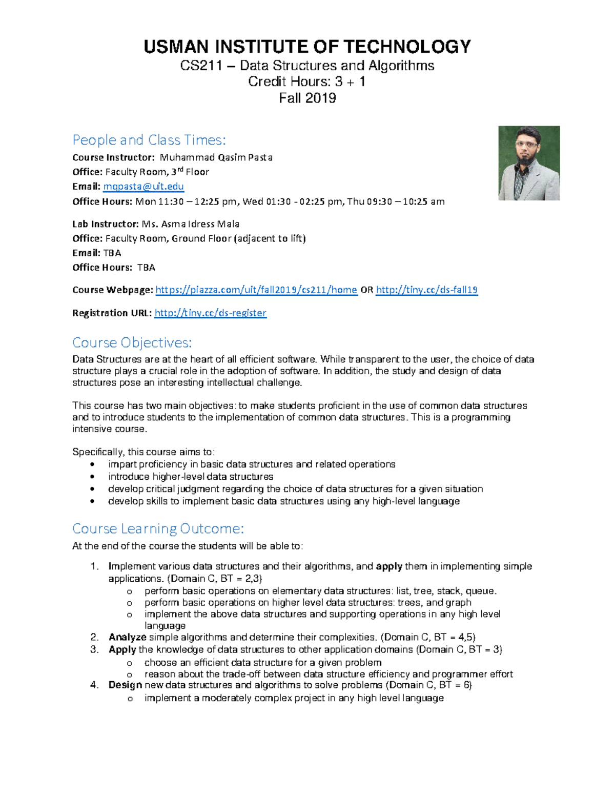 DS-Fall2019-outline - Course Outline - USMAN INSTITUTE OF TECHNOLOGY CS211 – Data Structures and ...