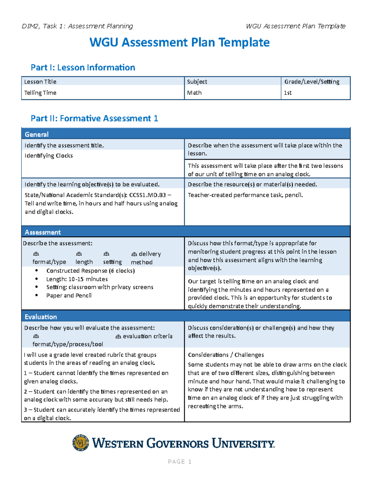 Telling Time Lesson Plan - WGU Assessment Plan Template Part I: Lesson ...
