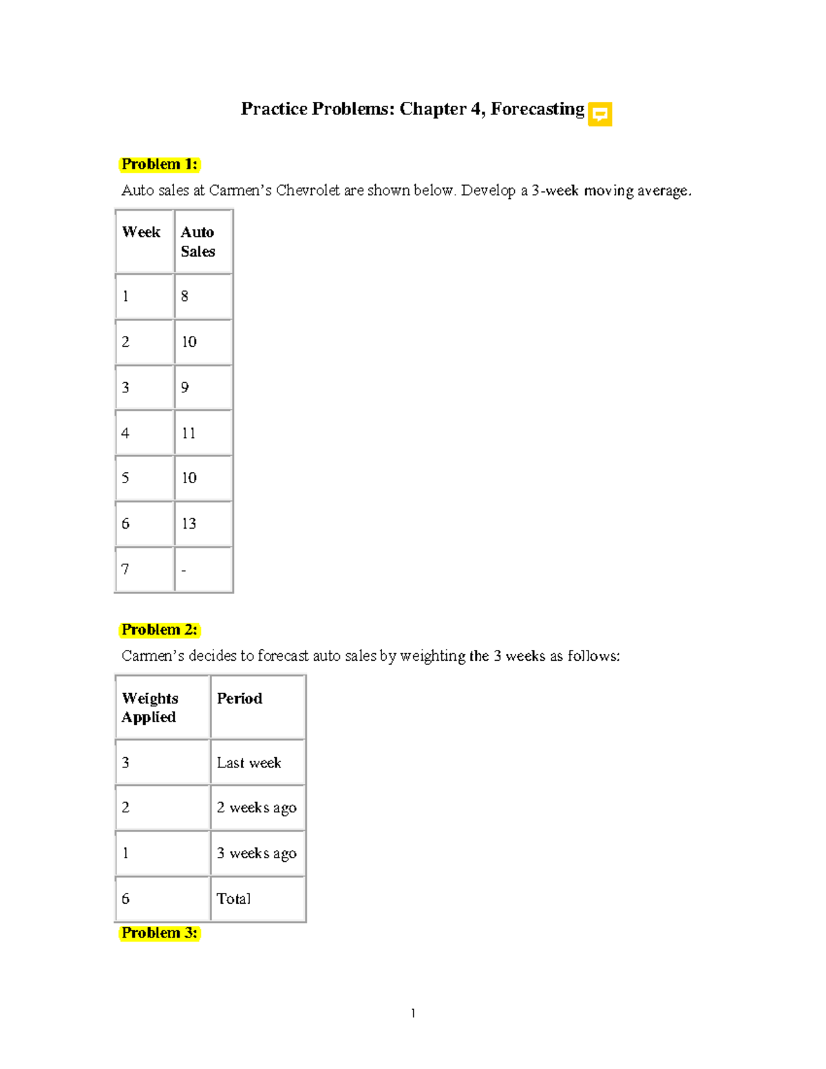 Ch. 4 Practice Problems - Practice Problems: Chapter 4, Forecasting Problem 1: Auto sales at ...