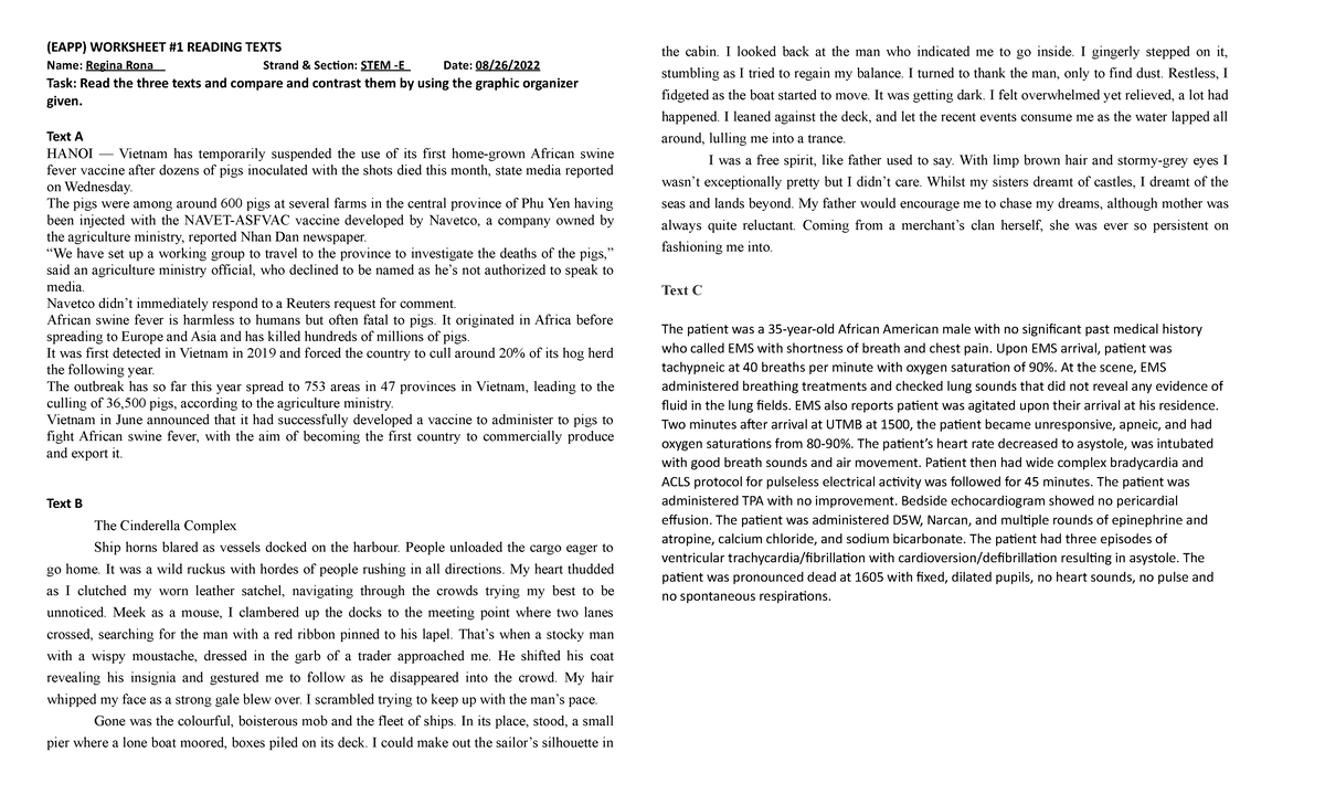 EAPP Academic Text Worksheet 1 - (EAPP) WORKSHEET #1 READING TEXTS Name ...