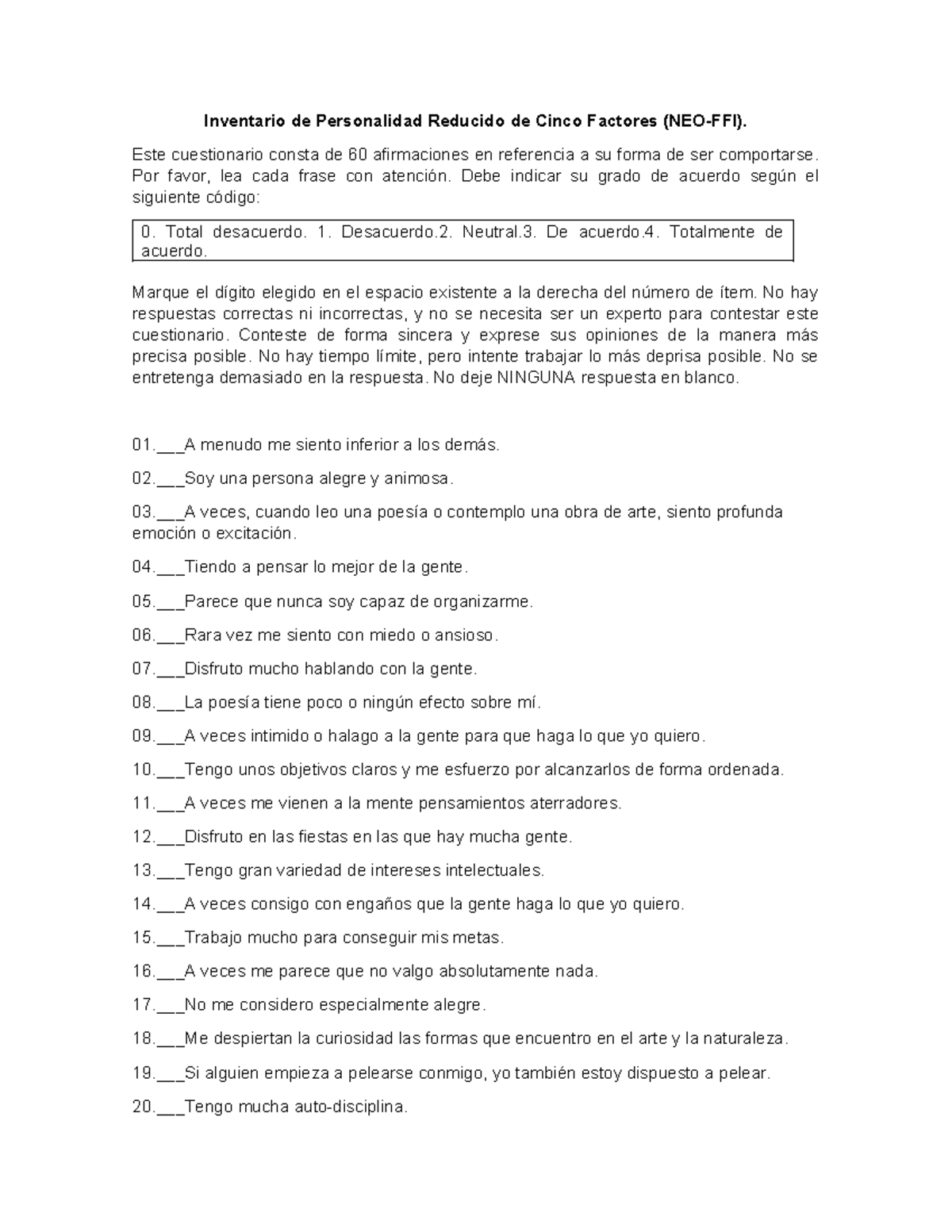 Test de personalidad Neo-FFI R - Inventario de Personalidad Reducido de ...