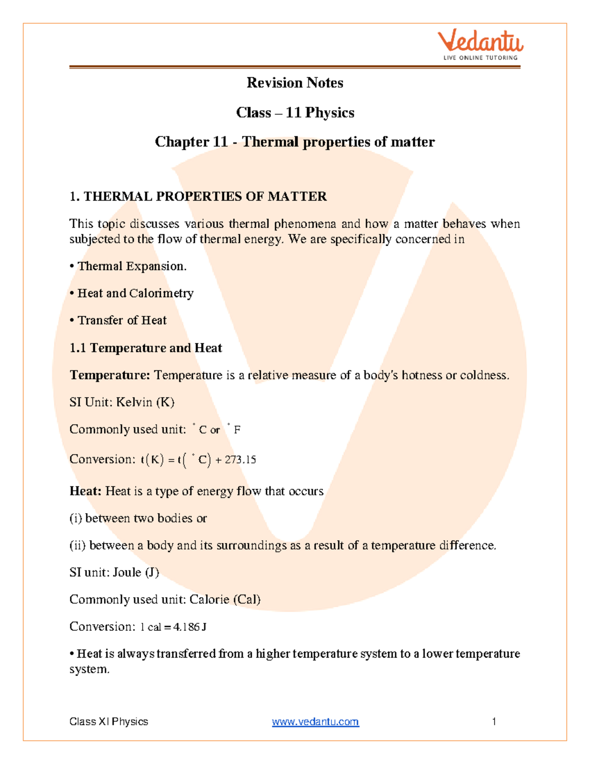 Class 11 Physics Revision Notes Thermal Properties of Matter - Revision ...