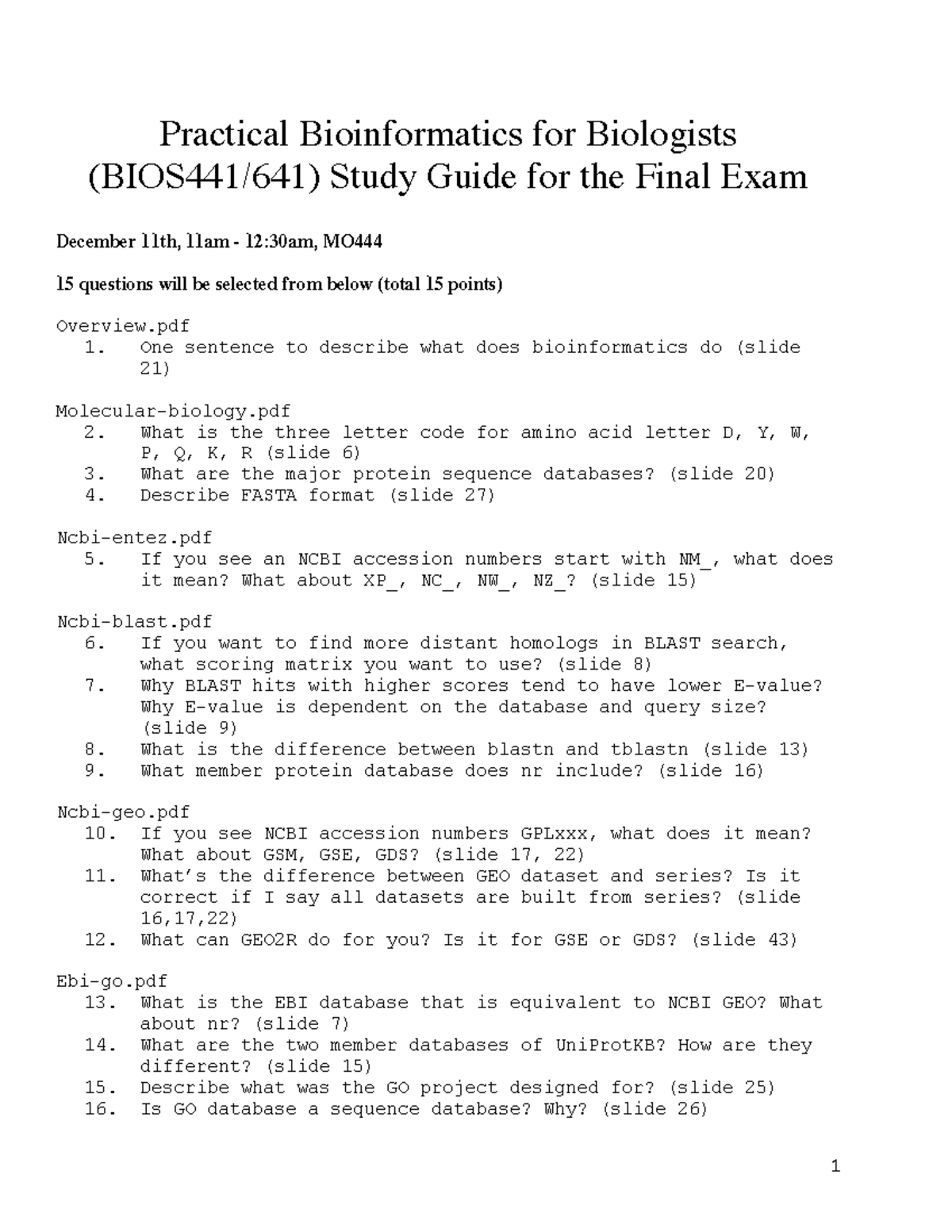 Study-guide - Practice material - 1 Practical Bioinformatics for ...