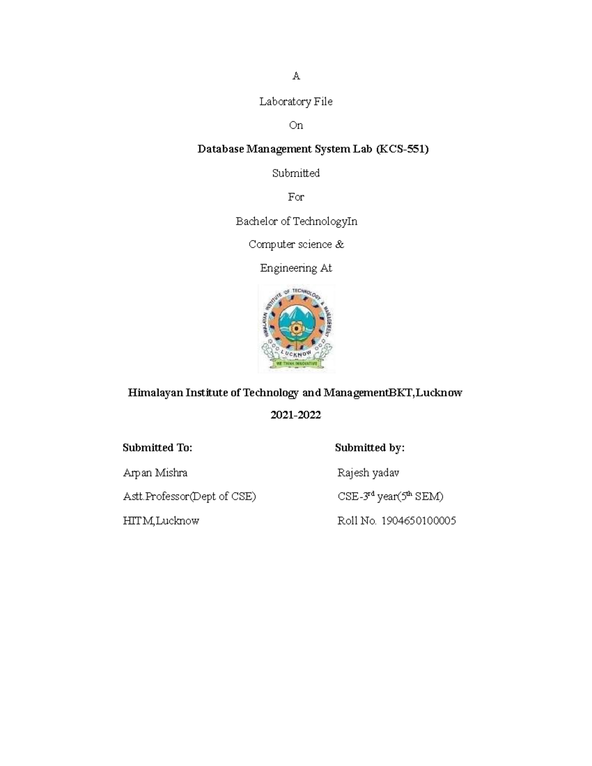 Dbms lab final-converted - A Laboratory File On Database Management System Lab (KCS-551 ...