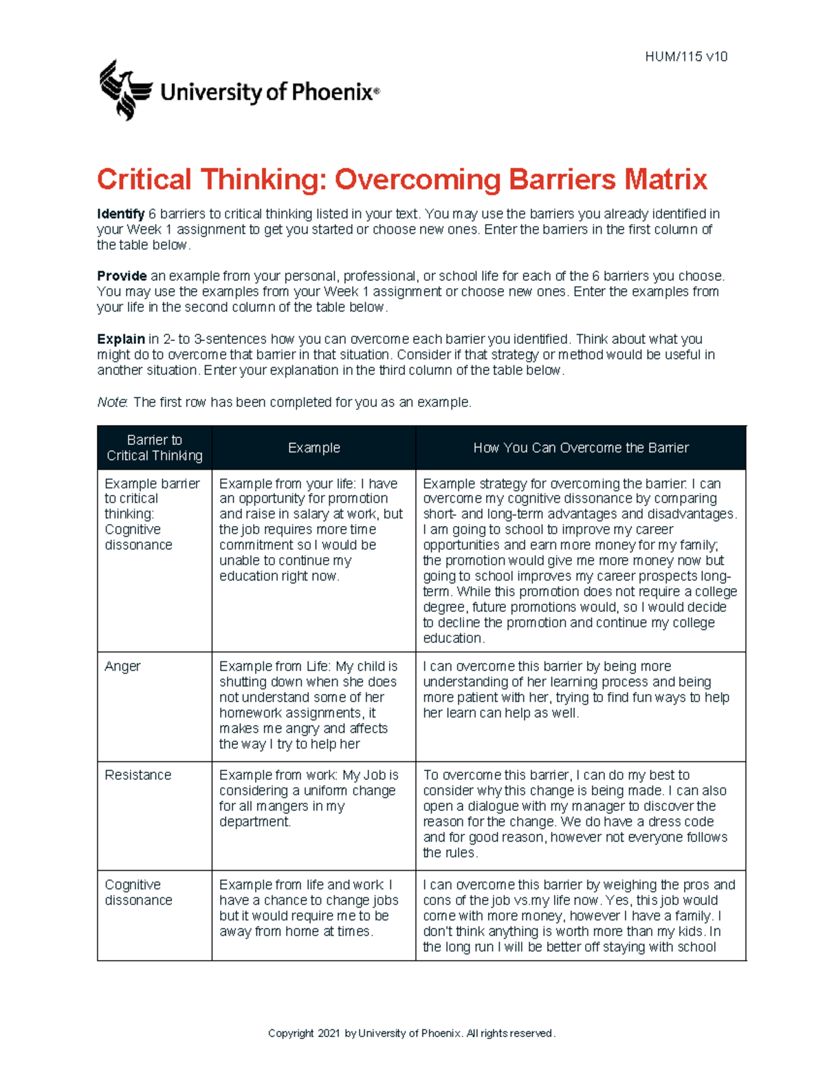 Hum115 v10 wk3 critical thinking overcoming barriers matrix - HUM/115 v ...