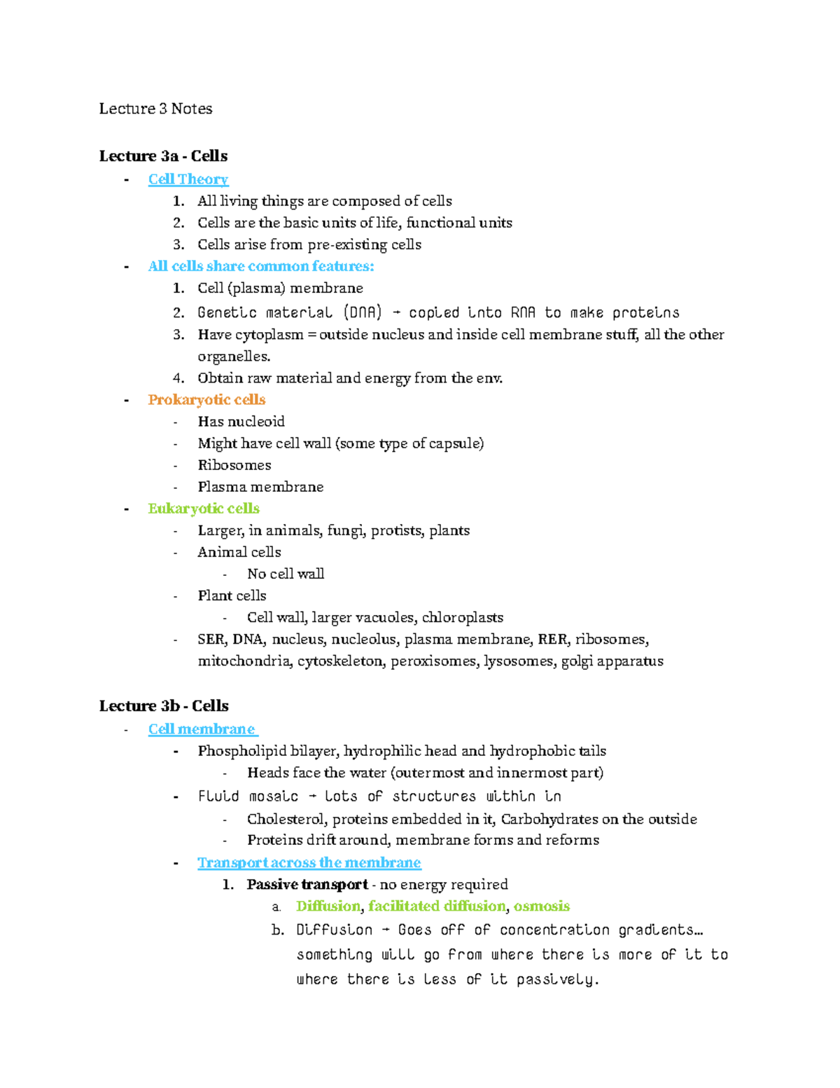 LS7A Lecture 3 Notes - Lecture 3 Notes Lecture 3a - Cells - Cell Theory ...