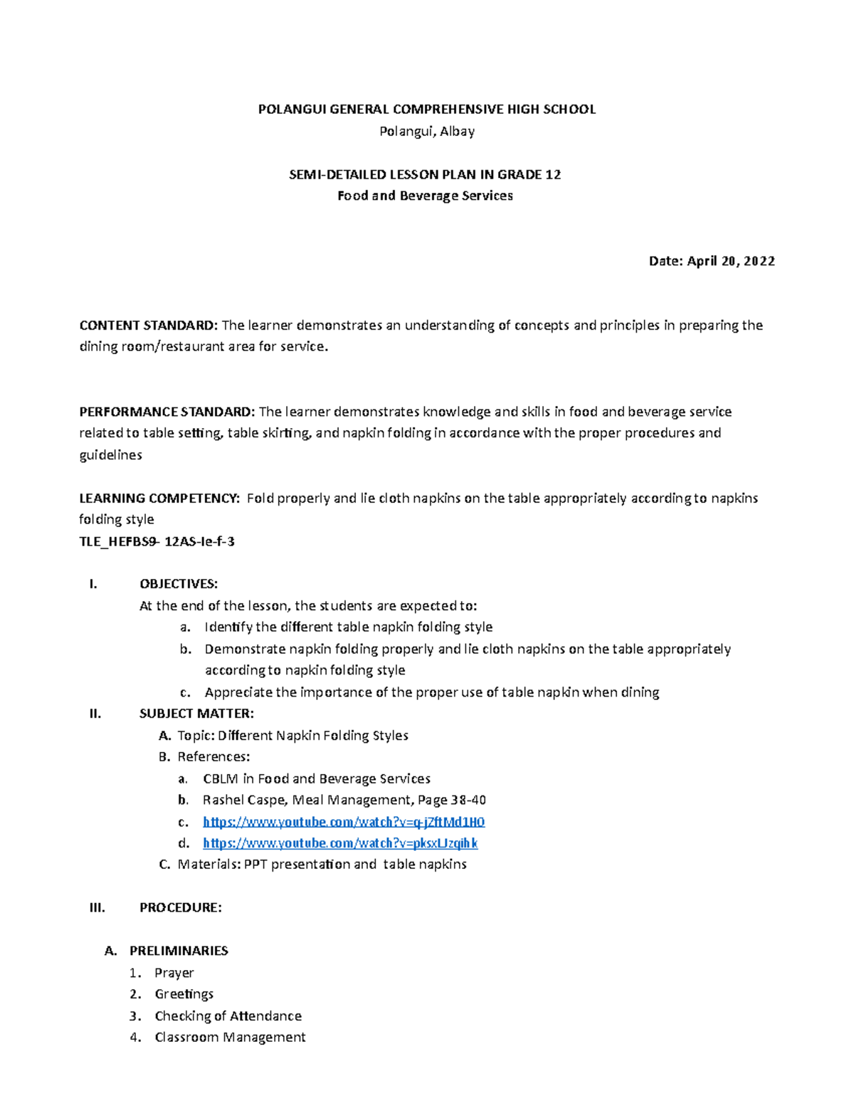 Lesson Plan - POLANGUI GENERAL COMPREHENSIVE HIGH SCHOOL Polangui ...