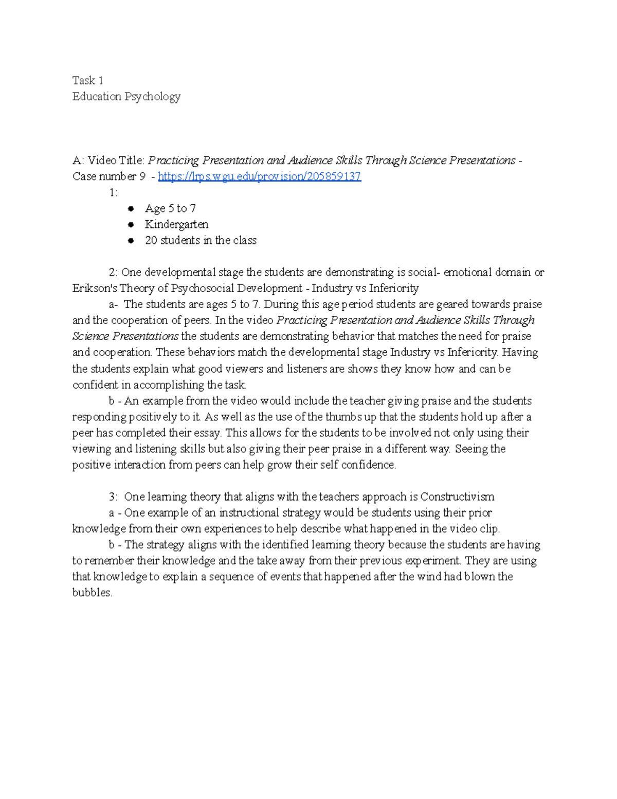 Ed Psych Task 1 -2 - Task 1 - Task 1 Education Psychology A: Video ...