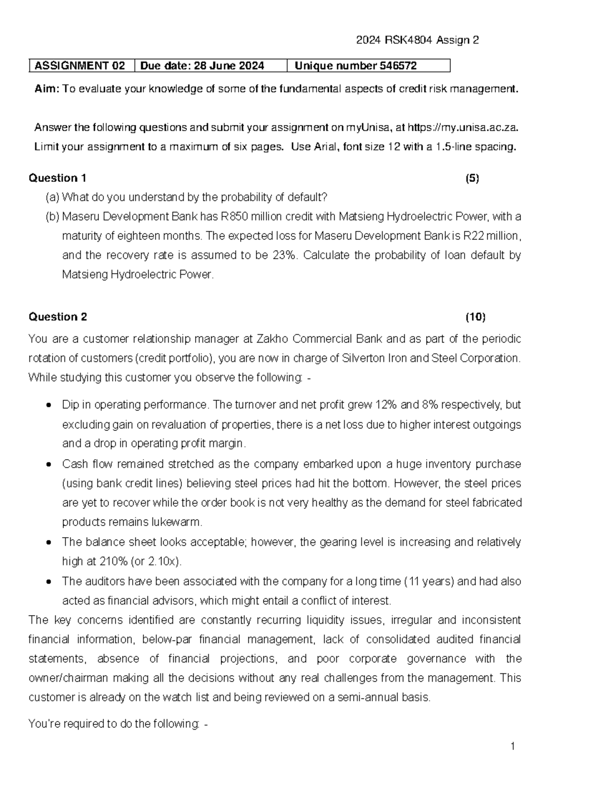 2024 Assignment 2 - 2024 RSK 4804 Assign 2 1 ASSIGNMENT 02 Due date: 28 June 2024 Unique number ...