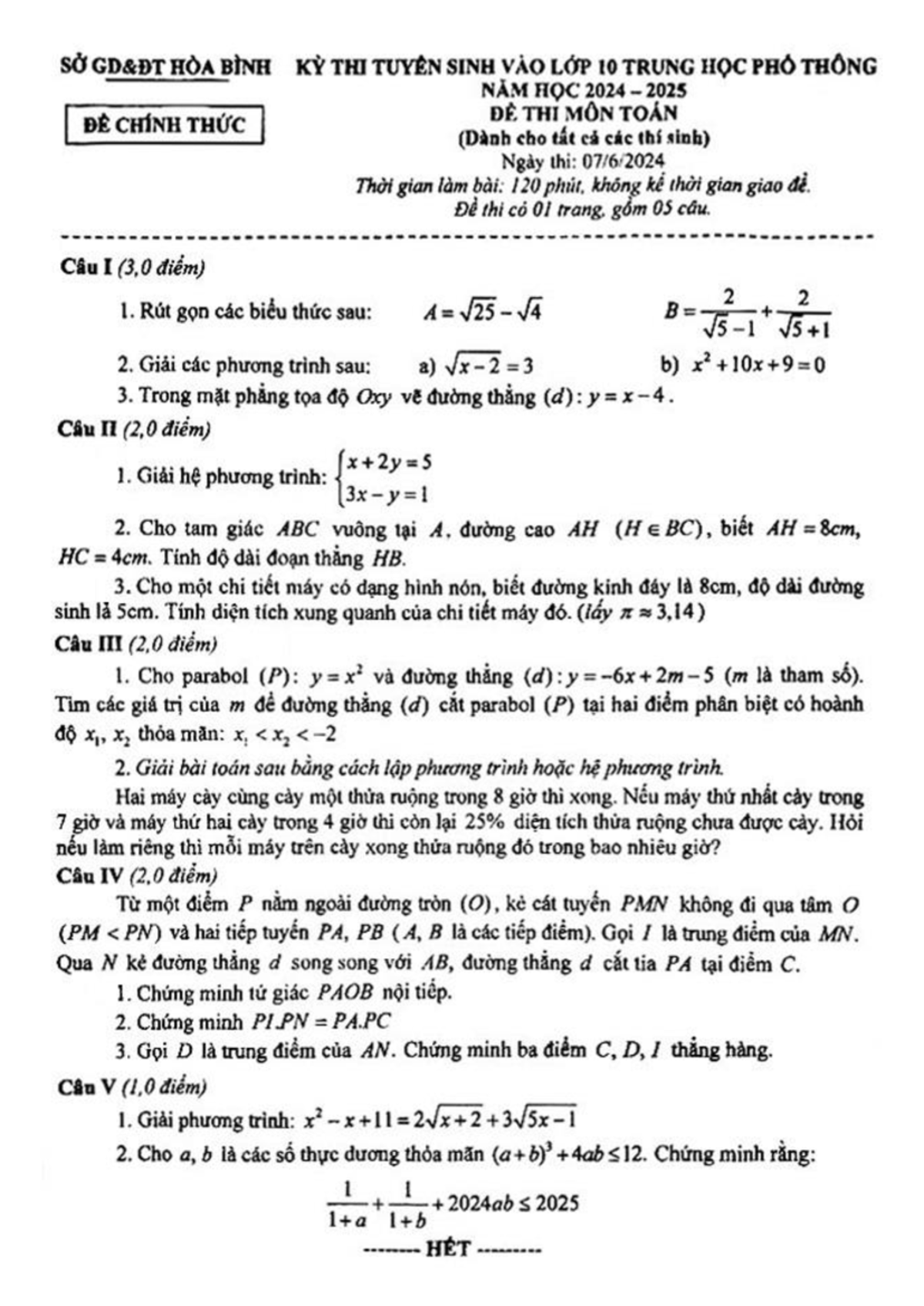 Assignment for students to learn Math - s HOA BINH KY THI TUYÉN SINH ...