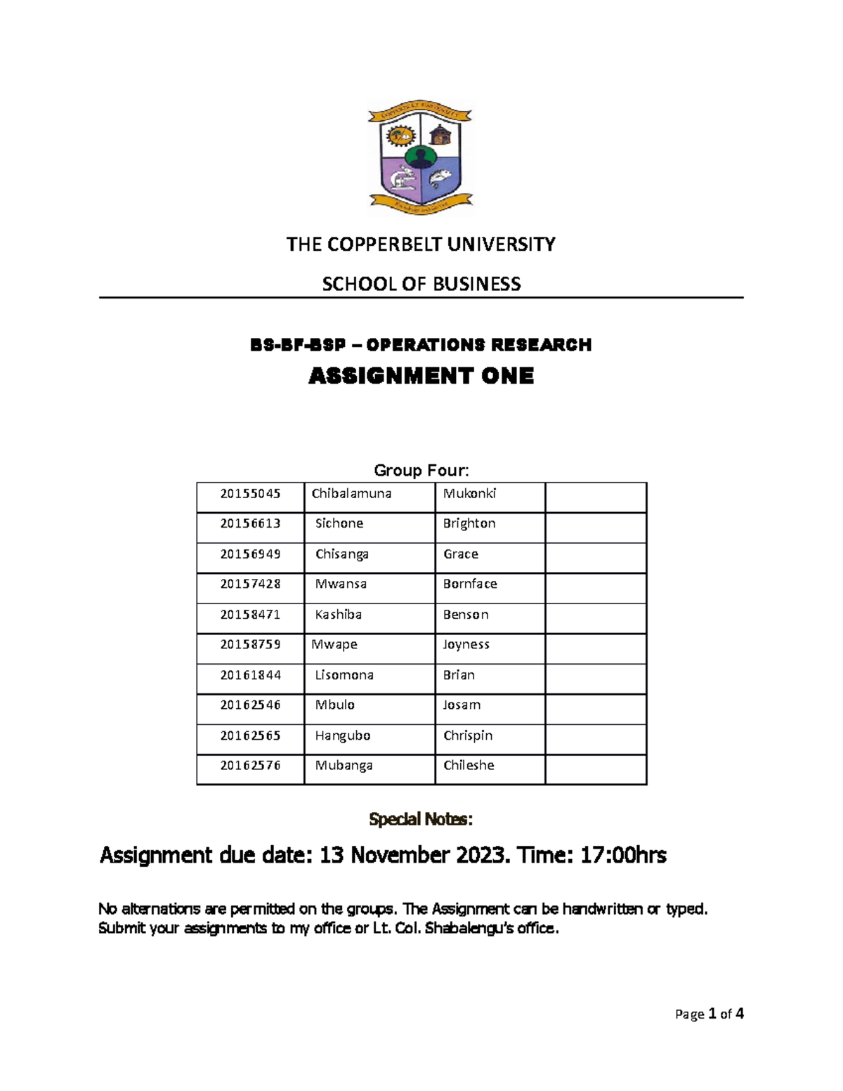 Group 4 - BS-BF-BSP - assignment on linear programing - THE COPPERBELT UNIVERSITY SCHOOL OF ...