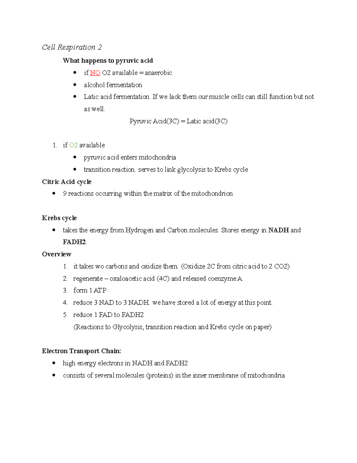 Cell Respiration 2 notes - Cell Respiration 2 What happens to pyruvic ...