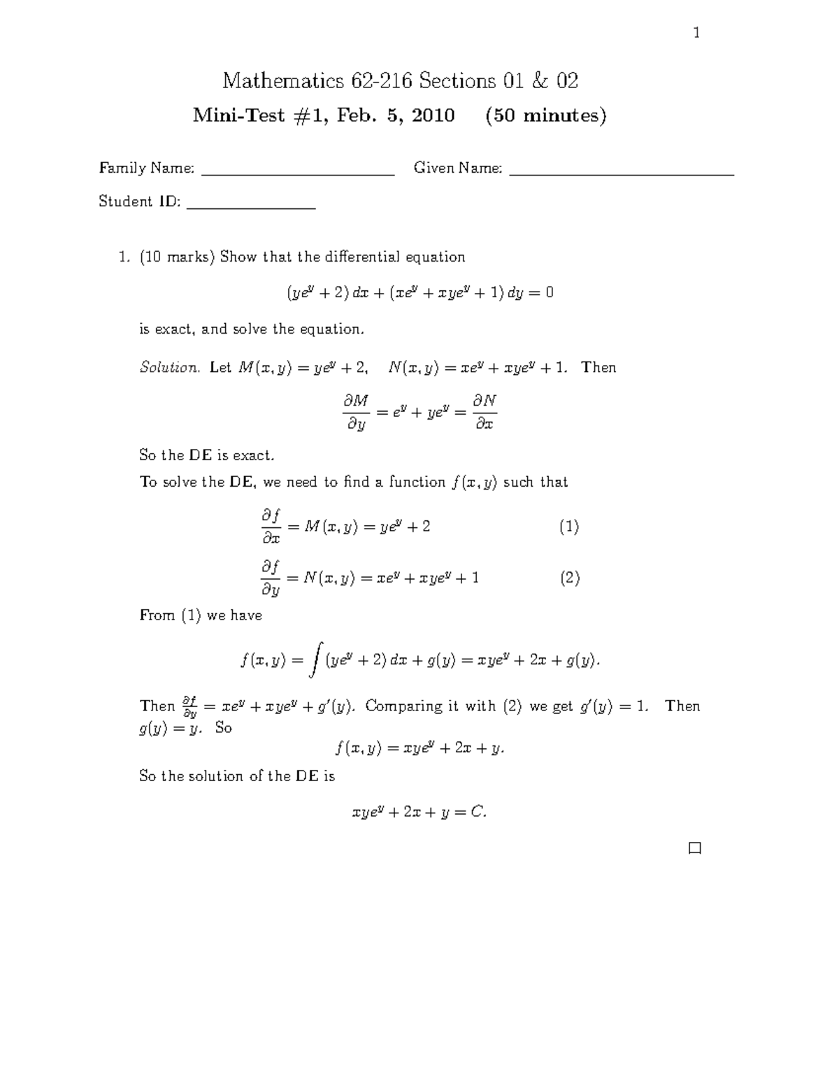 Exam 5 February 2010, questions and answers - midterm 1 - 1 Mathematics ...