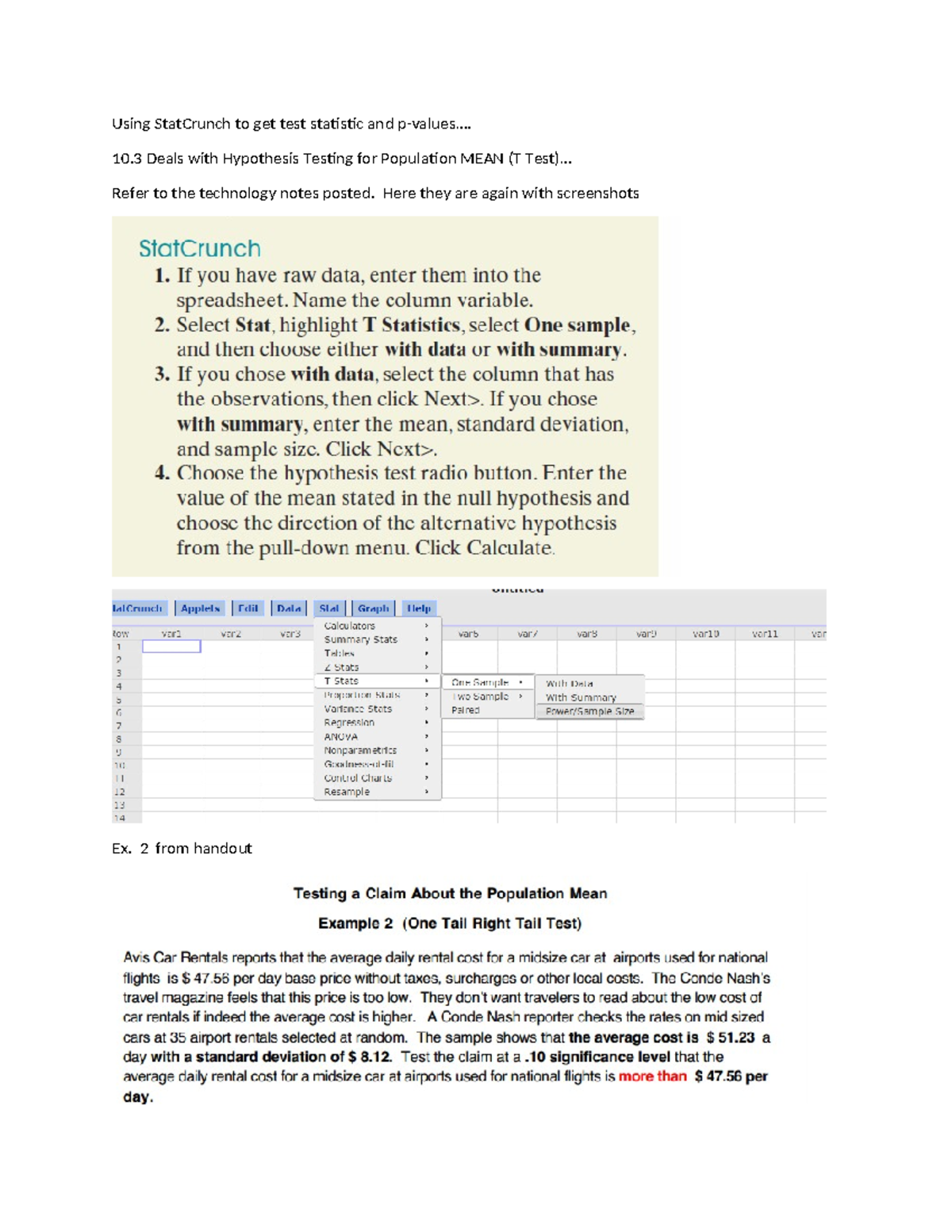 10.3 Technology Handout - MATH 200 - Using StatCrunch to get test ...