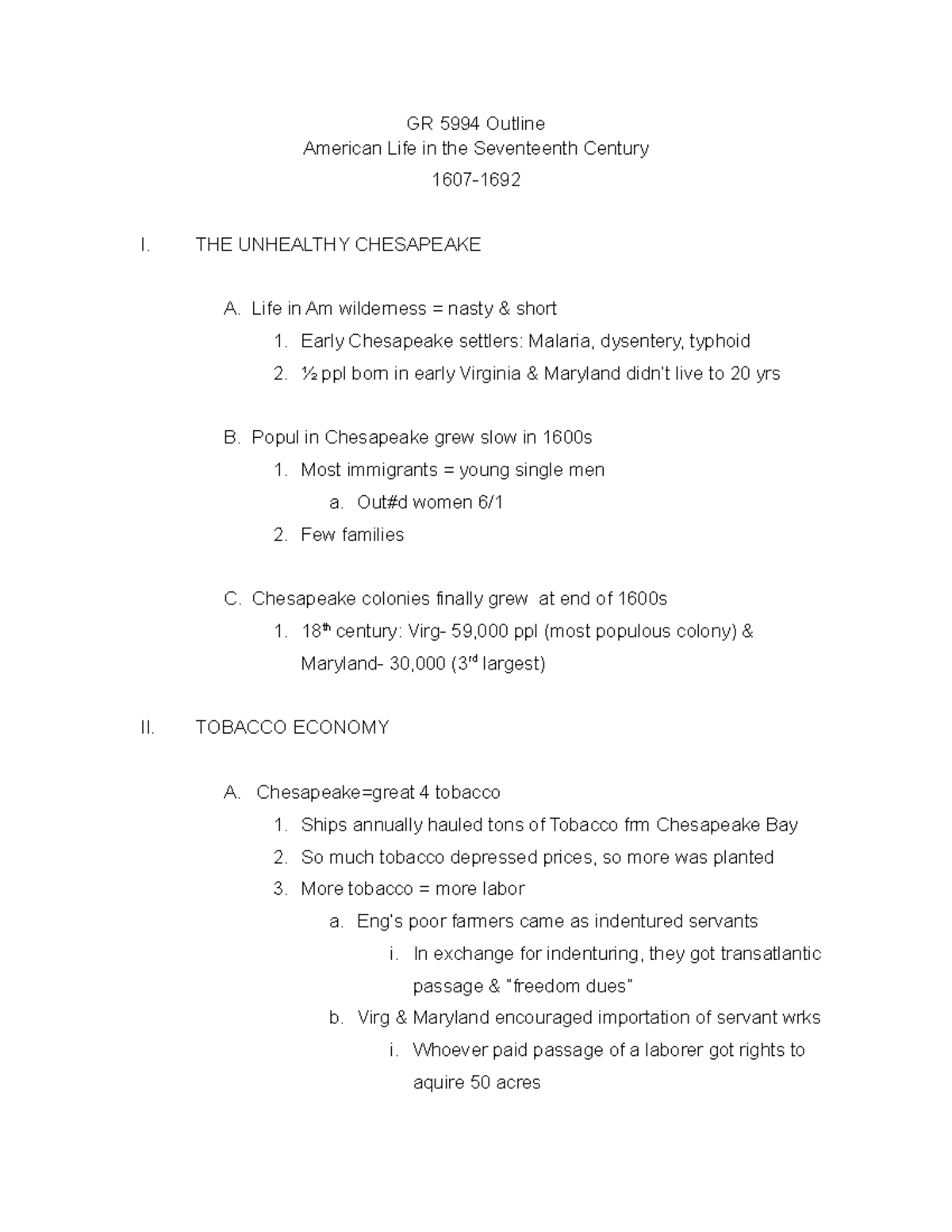 American Life in the Seventeenth Century 1607-1692 - GR 5994 Outline ...