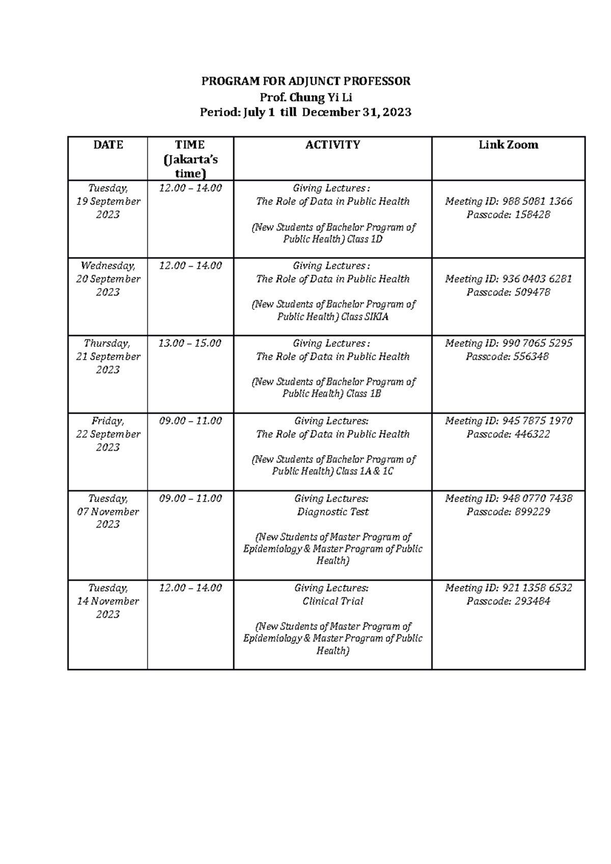 Giving Lectures Prof. Chung Yi Li - PROGRAM FOR ADJUNCT PROFESSOR Prof ...