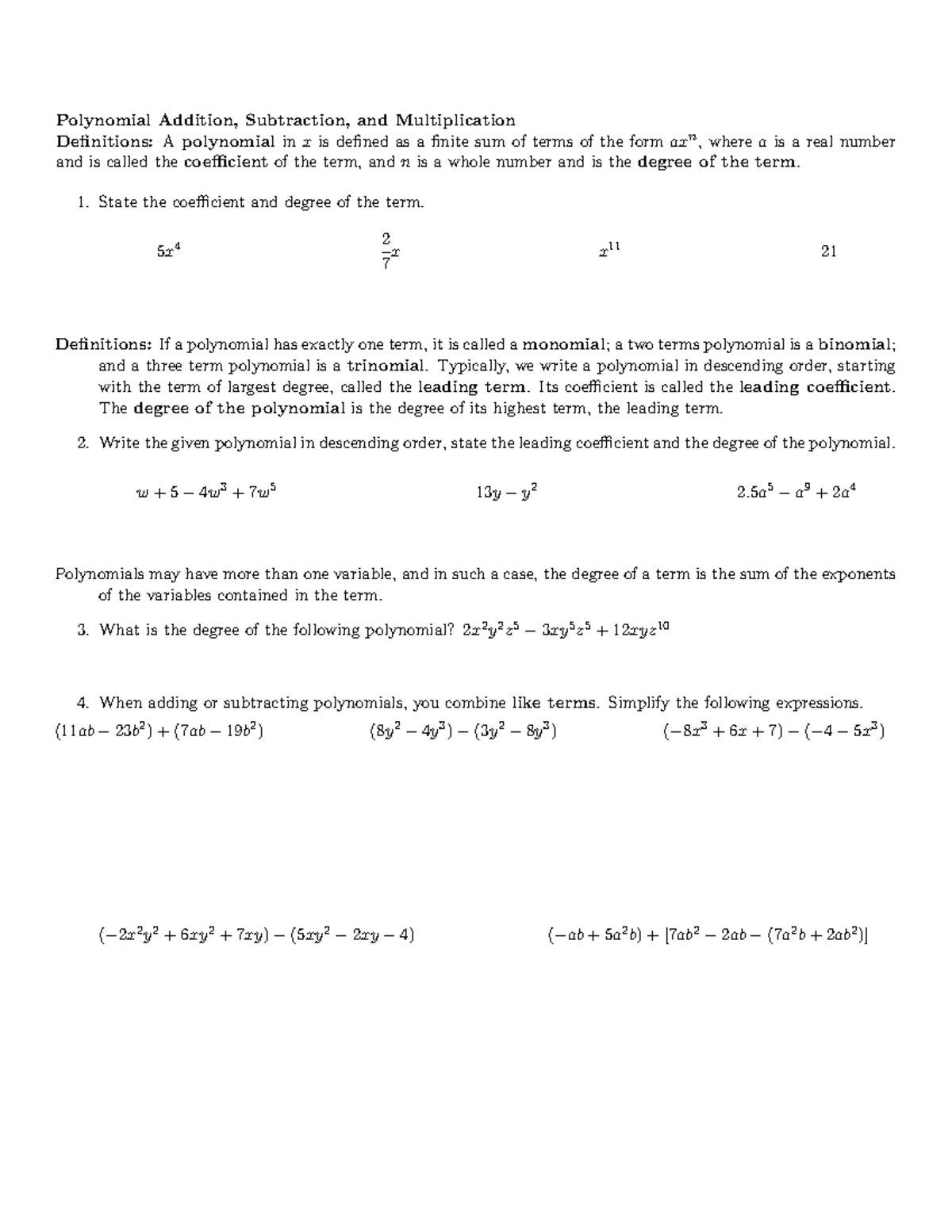SEW Math worksheet 4.2 - Polynomial Addition, Subtraction, and ...