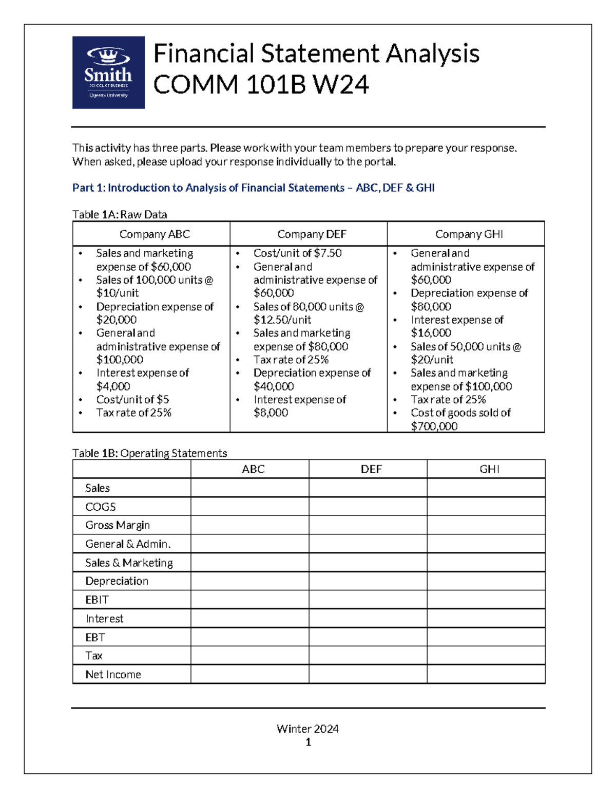 COMM 101B Engagement Activity 3 W24 - Winter 202 4 Financial Statement ...