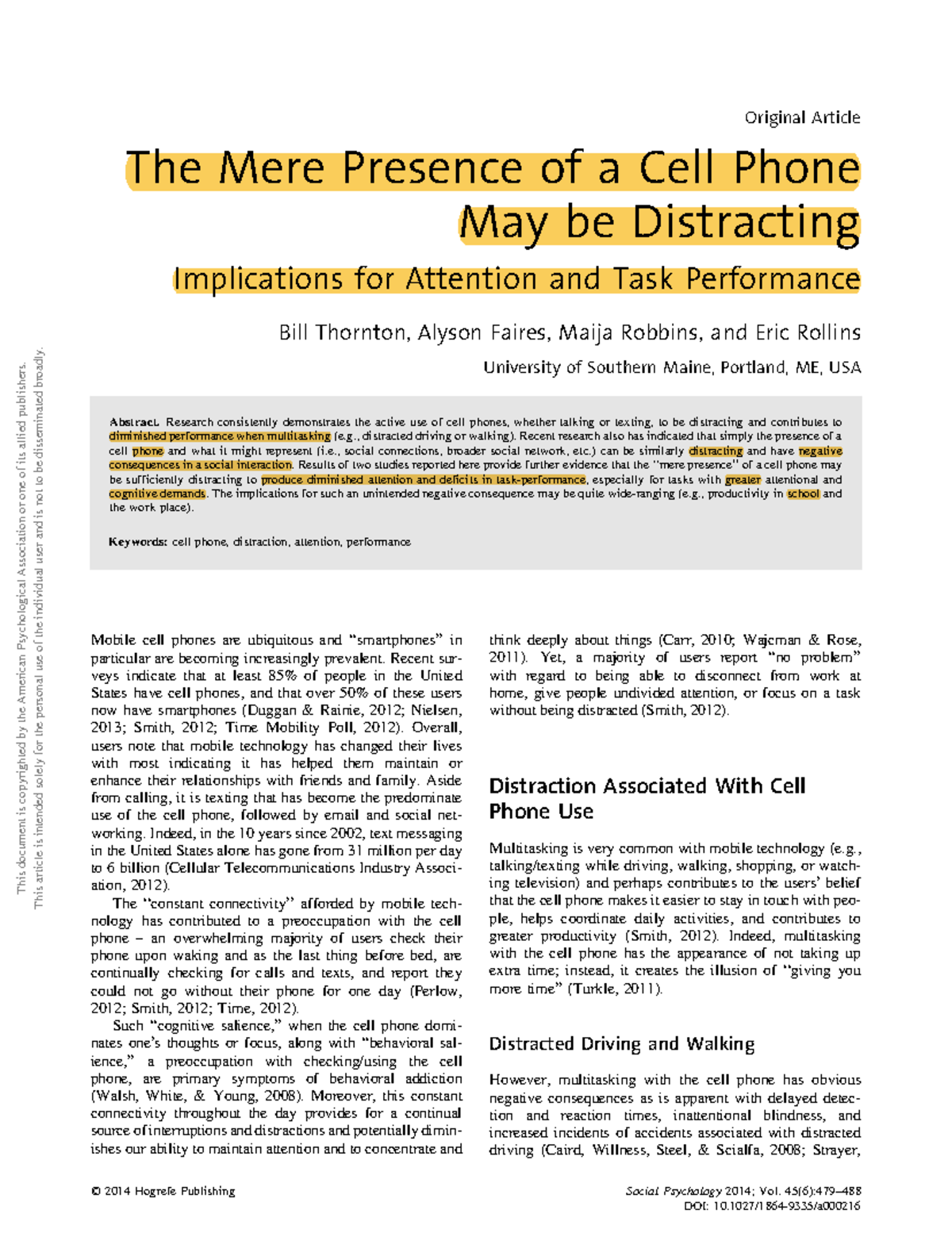 The Mere Presence of a Cell Phone May be Distracting Implications for ...