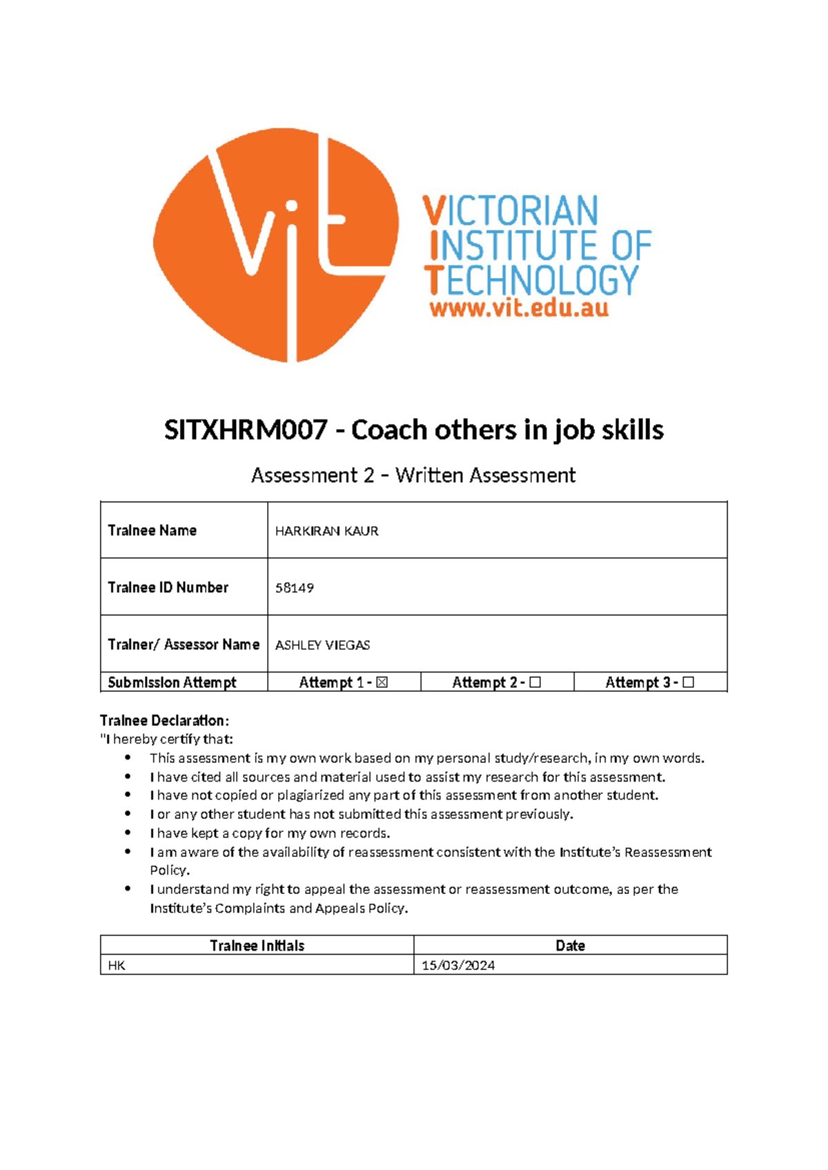 Sitxhrm 007 - Written Assessment - SITXHRM007 - Coach others in job ...