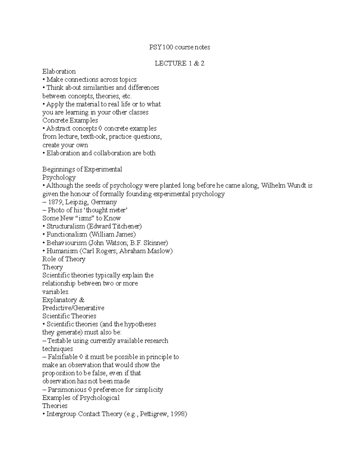 PSY100 course notes - PSY100 course notes LECTURE 1 & 2 Elaboration ...