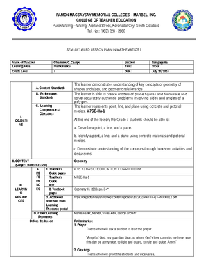 Grade 7 lesson plan - SEMI-DETAILED LESSON PLAN IN MATHEMATICS 7 Name ...