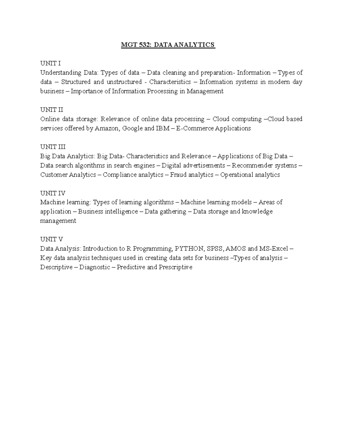 DATA Analytics note - operations - MGT 532: DATA ANALYTICS UNIT I ...