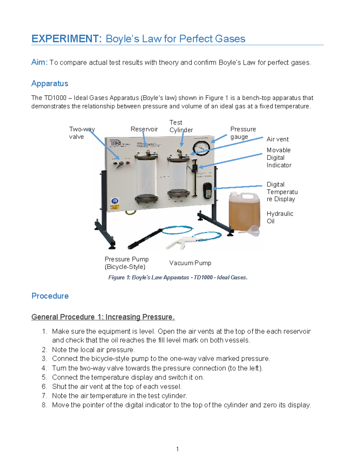 Lab 1 Boyles law handout - EXPERIMENT: Boyle’s Law for Perfect Gases ...
