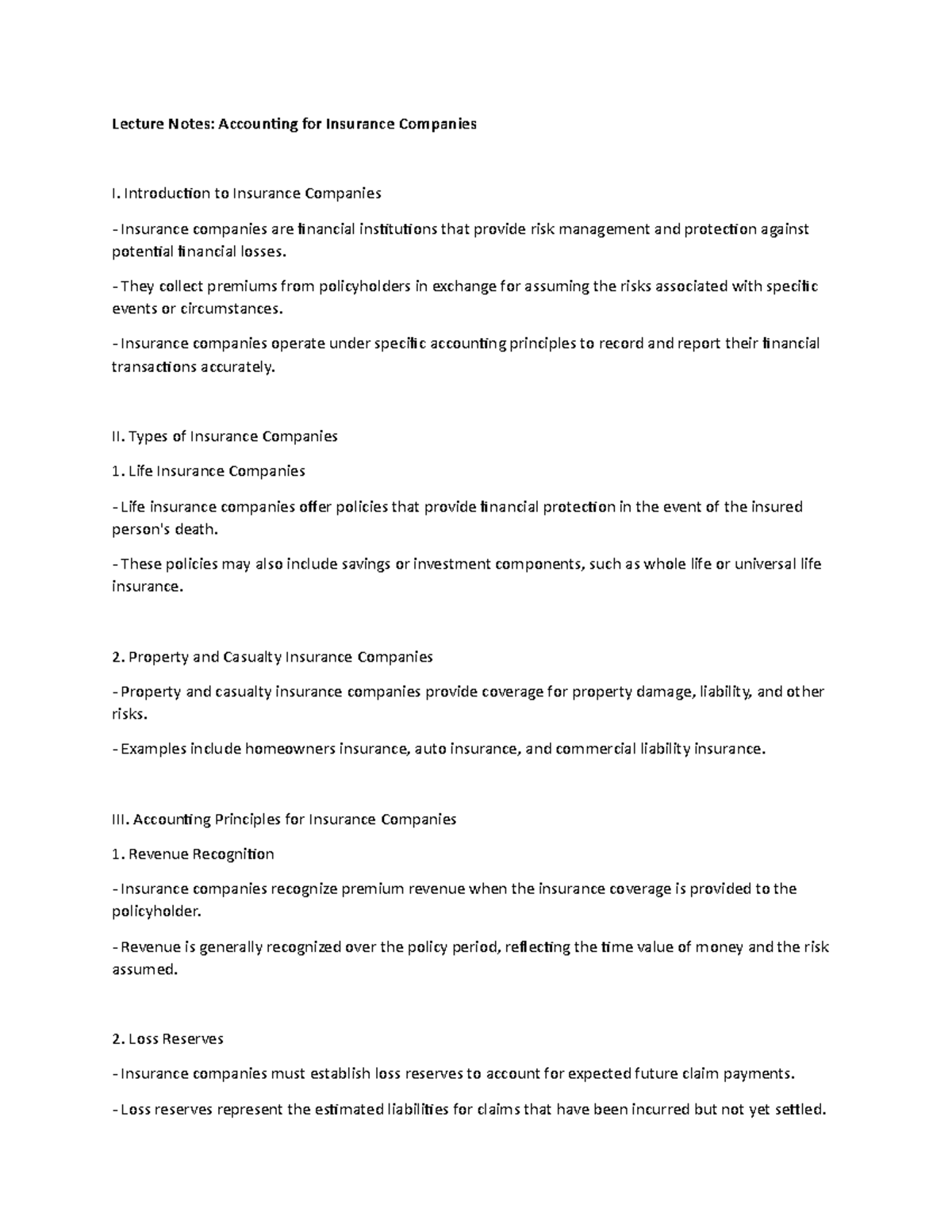 Lecture Notes: Accounting for Insurance Companies - Introduction to ...