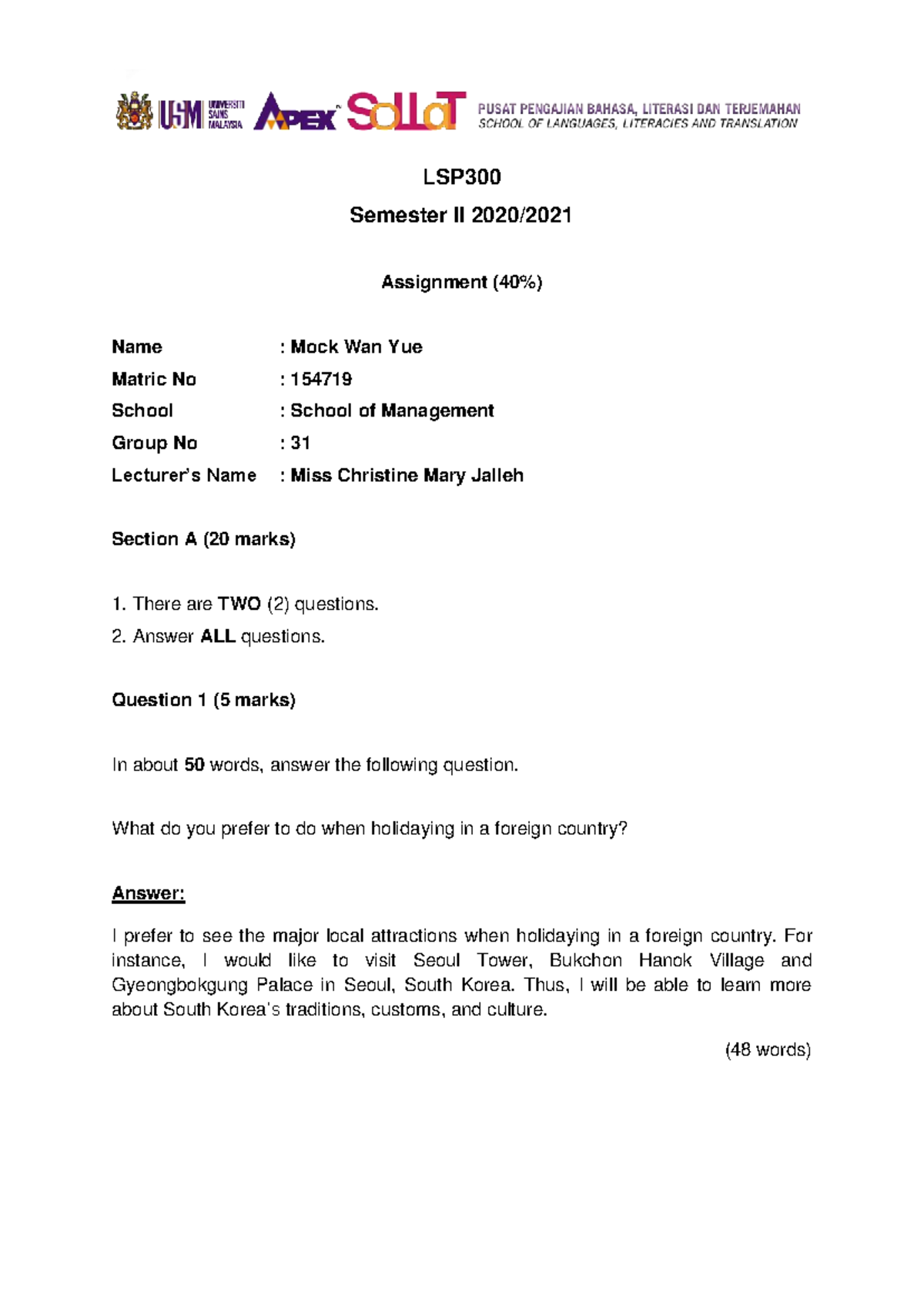 LSP300 1st Writing Assignment S2 2021 - LSP Semester II 2020 ...