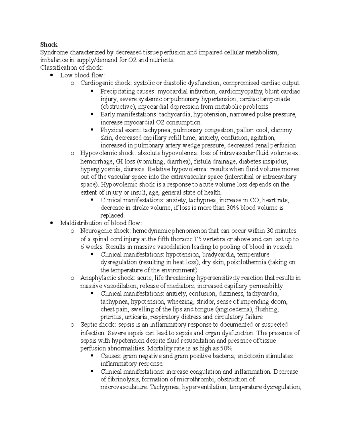 Shock Notes - Shock Syndrome characterized by decreased tissue ...