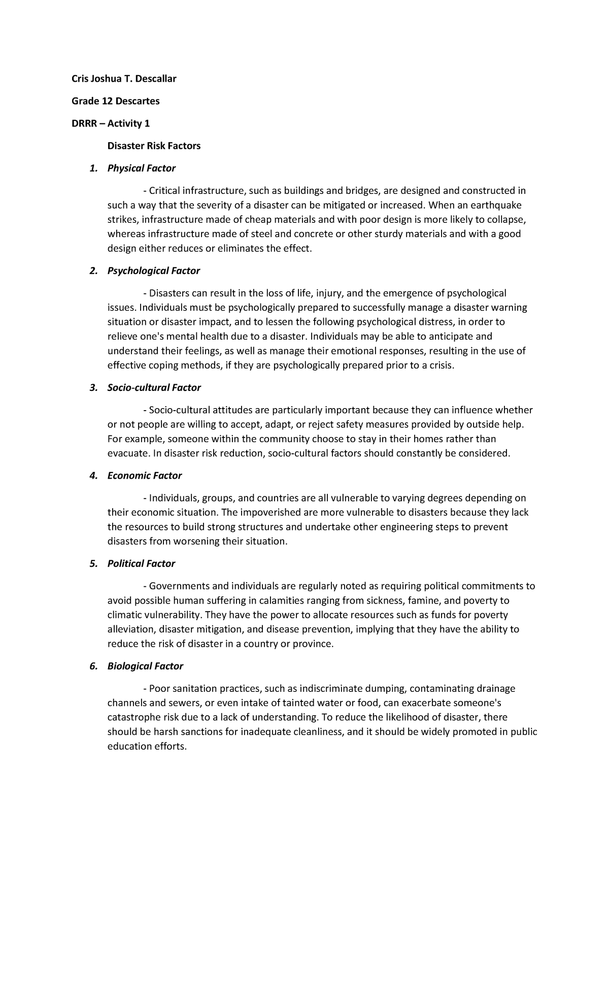 Descallar DRRR activity 1 - Cris Joshua T. Descallar Grade 12 Descartes ...