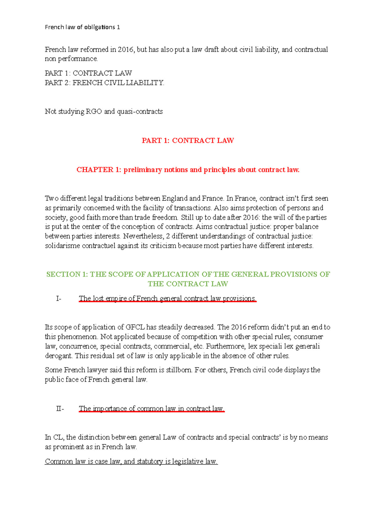 Chapter 1; Scope of application of contract law - French law of ...