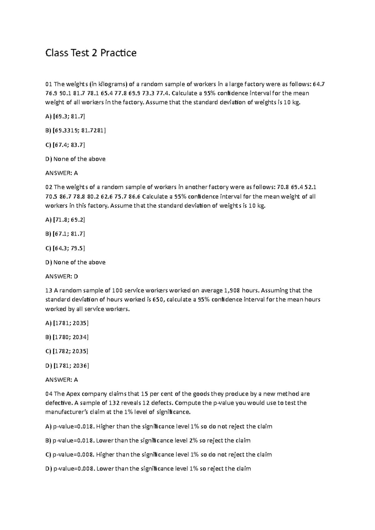 Class Test 2 Practice Solutions - FIN08108 - Napier - StuDocu