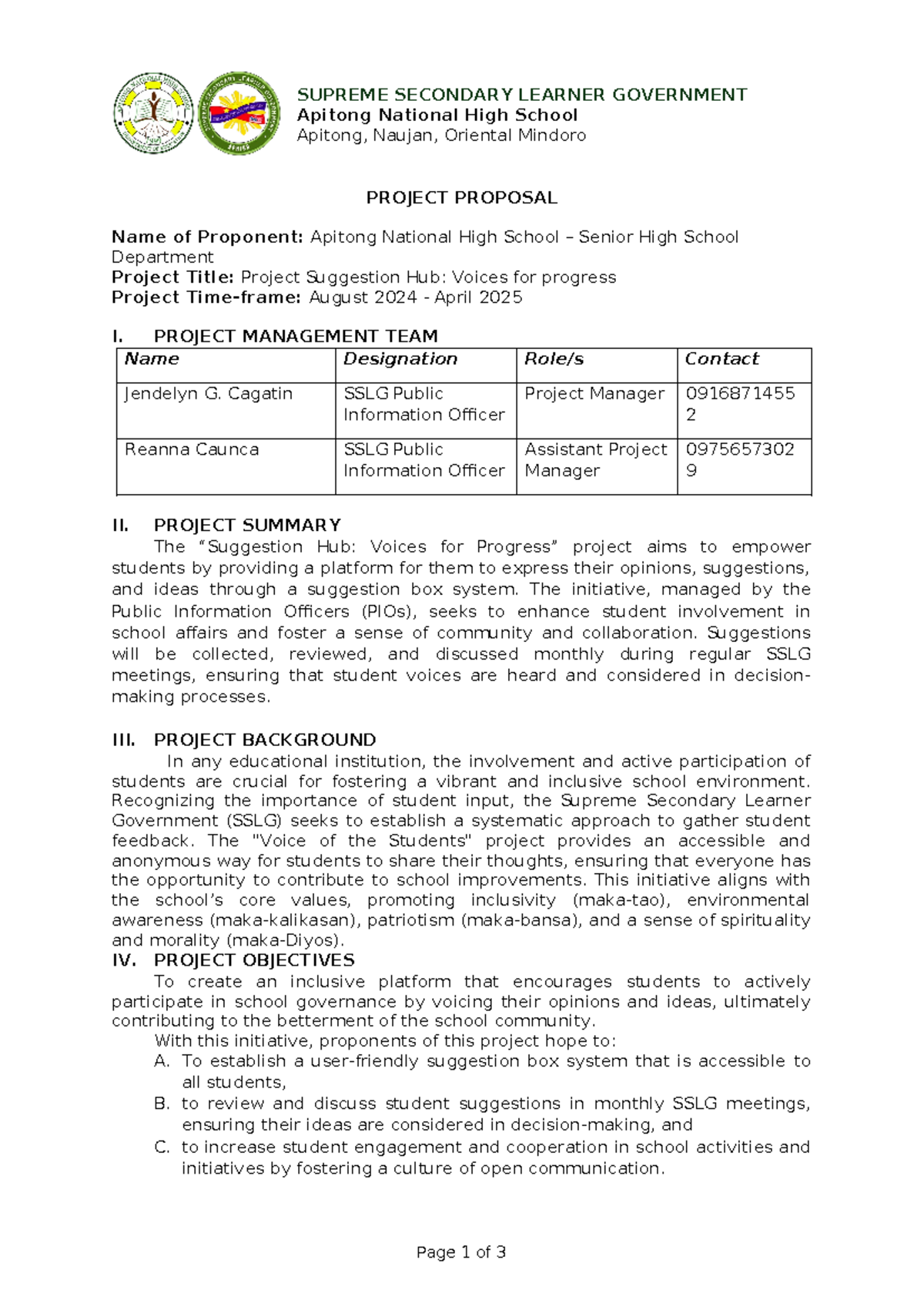 Copy of Project Proposal - SUPREME SECONDARY LEARNER GOVERNMENT Apitong ...