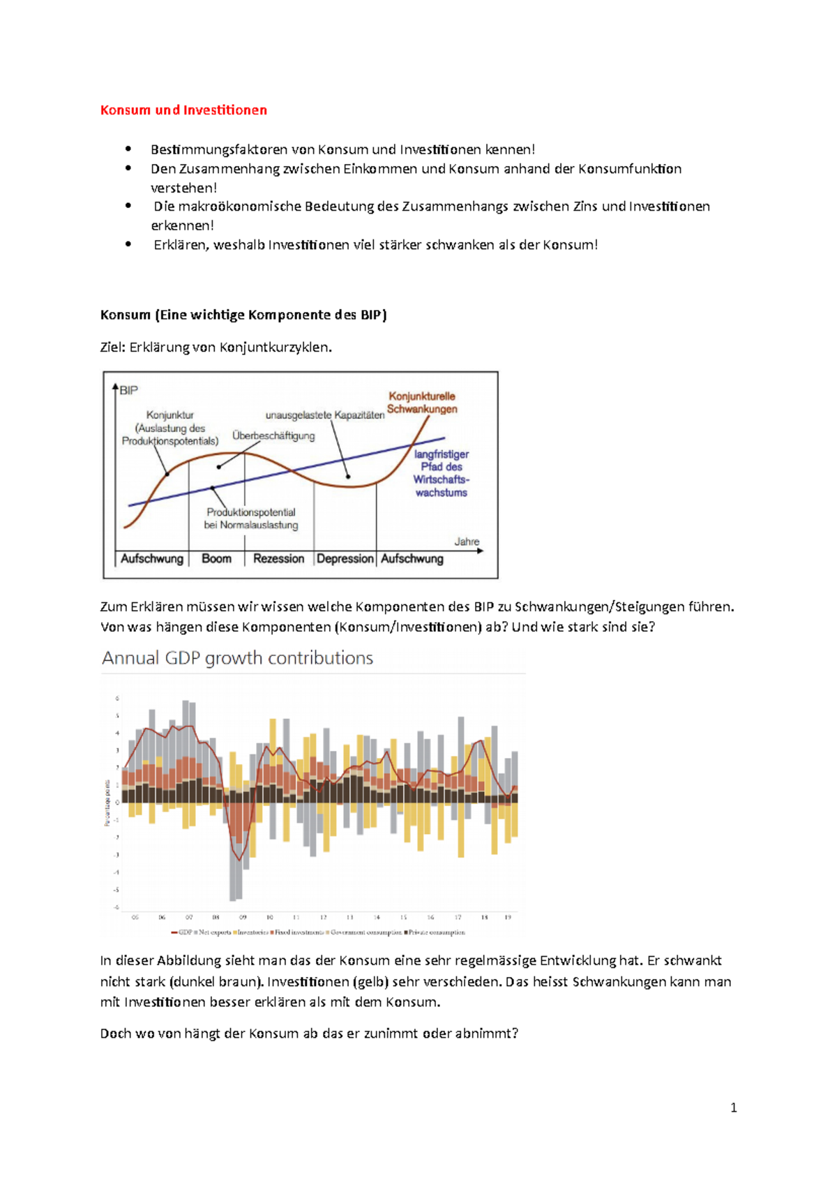 4 Konsum und Investitionen - Zum Erklären müssen wir wissen welche Komponenten des BIP zu - Studocu
